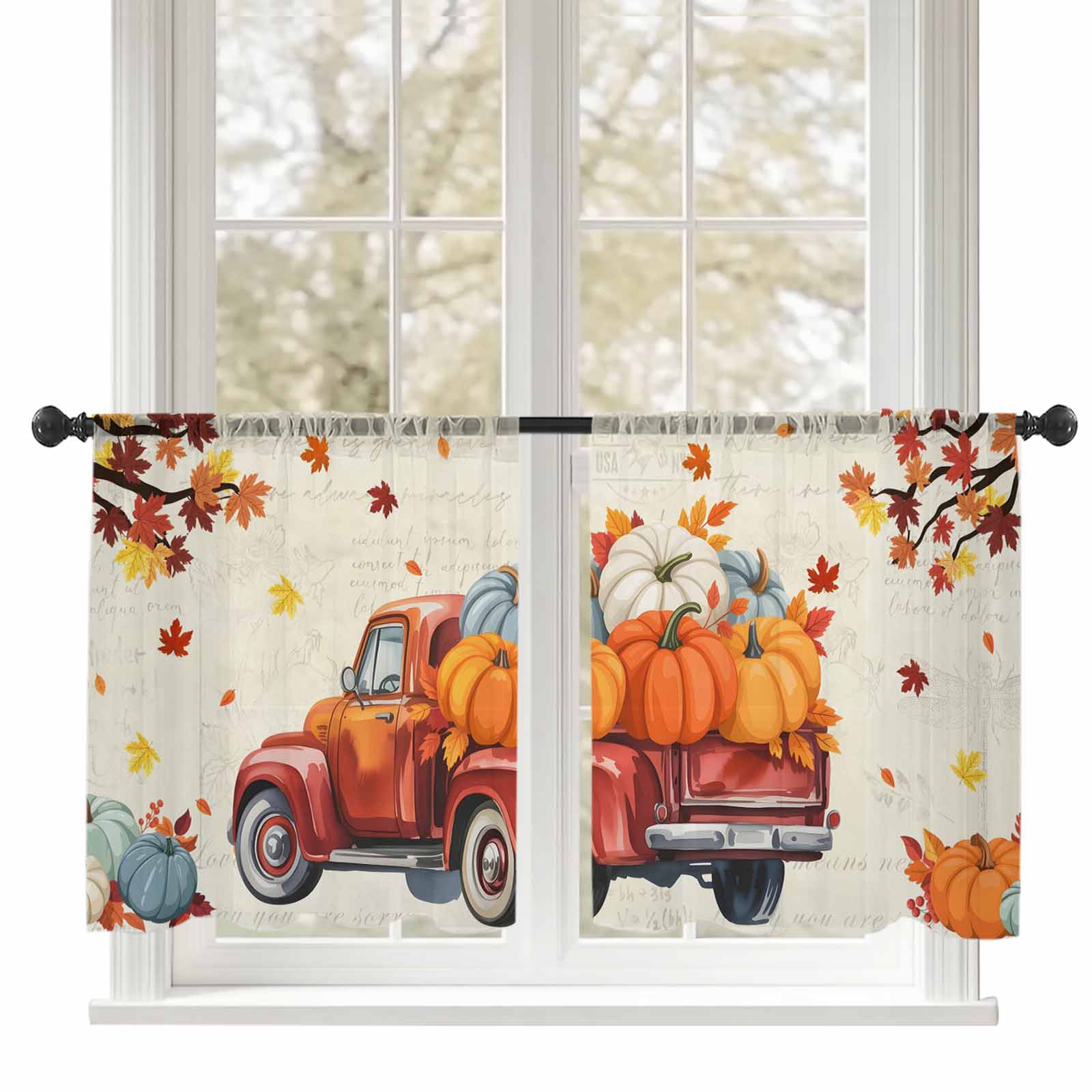 Sheer Curtains 54 inches Long, Happy Fall Maple Leaf Thanksgiving Truck ...