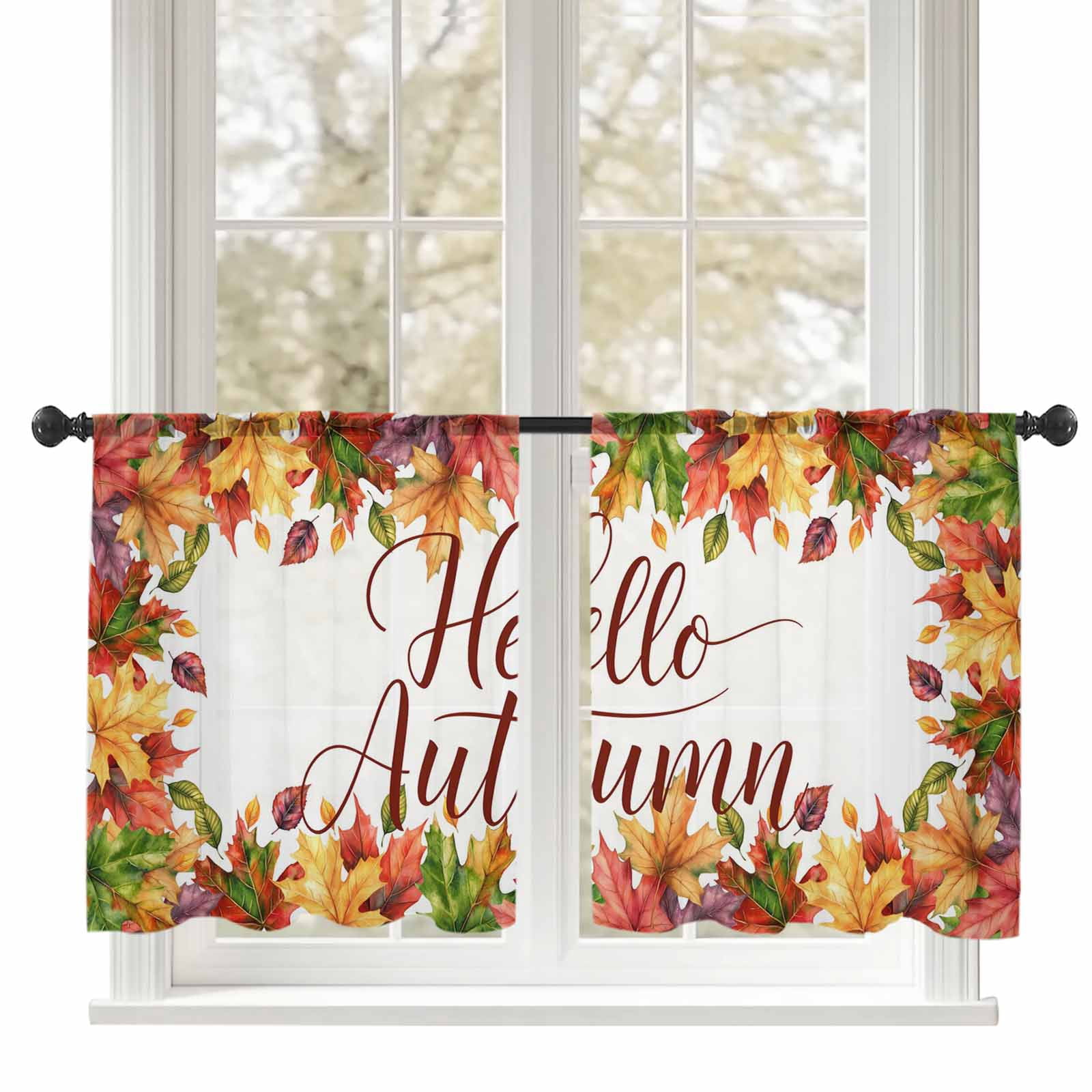 Sheer Curtains 54 inches Long, Hello Autumn Text Maple Leaves ...