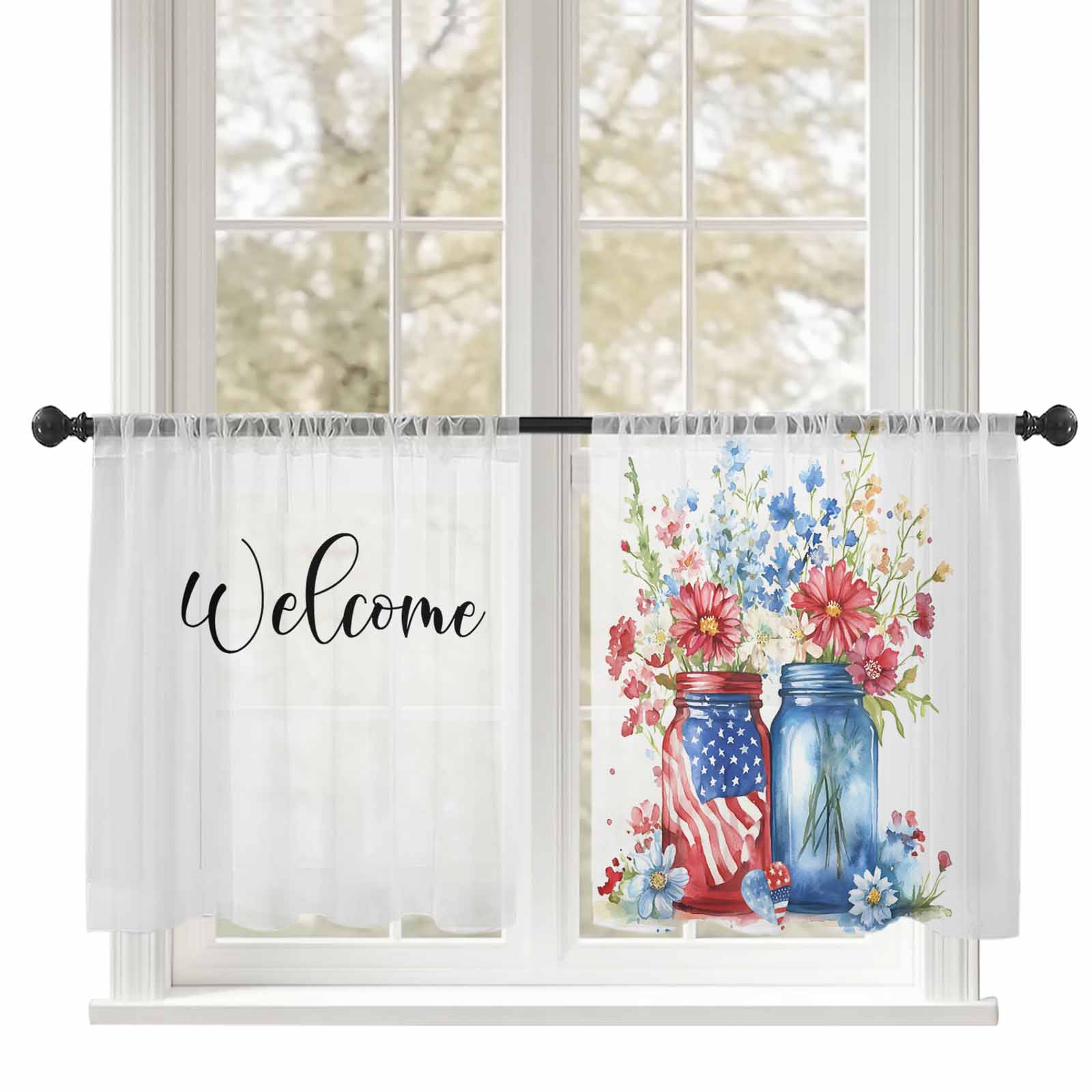 Sheer Curtains 54 inches Long, Independence Day Welcome Flowers ...