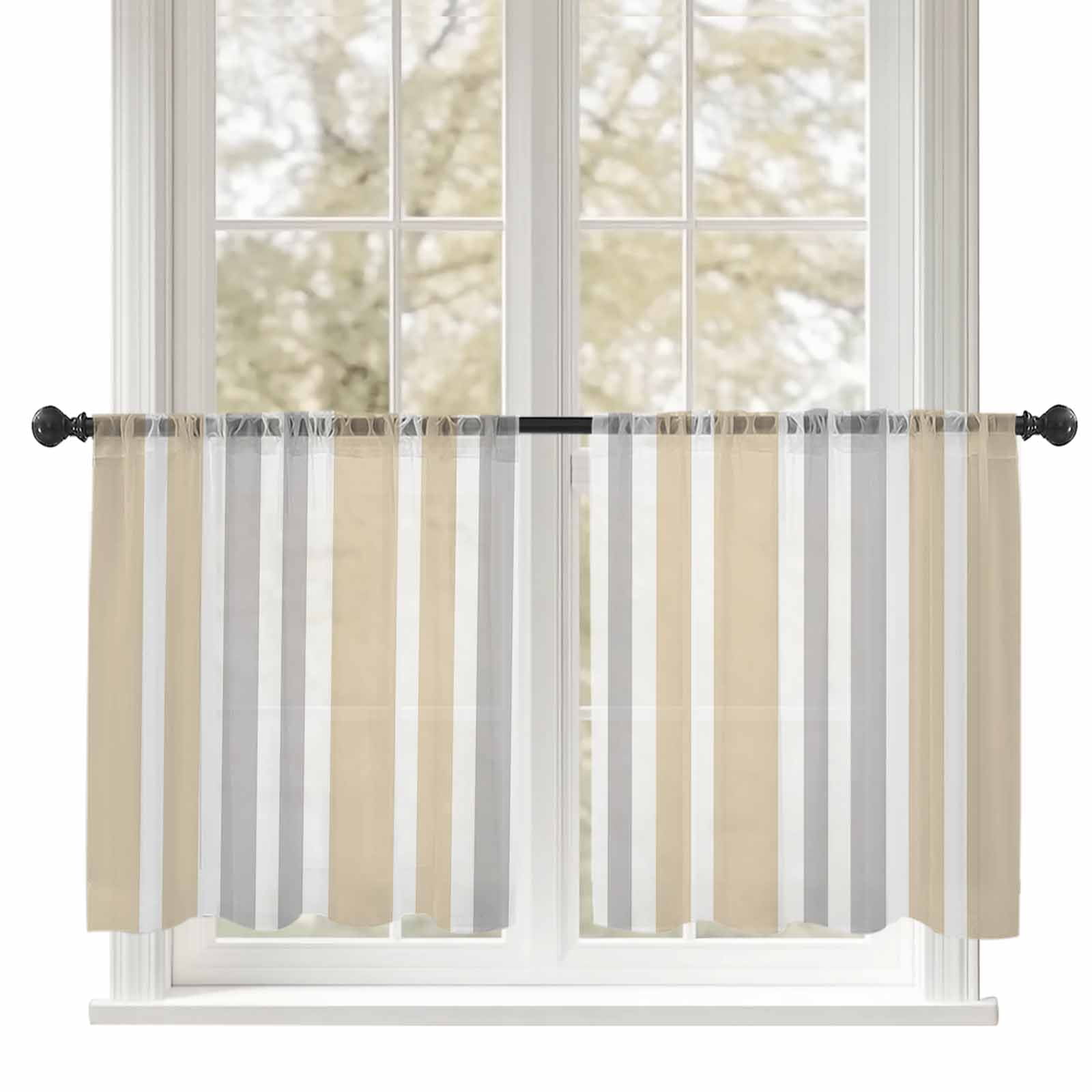 Sheer Curtains 54 inches Long, Khaki Gray Stripe Minimalist Vertical ...
