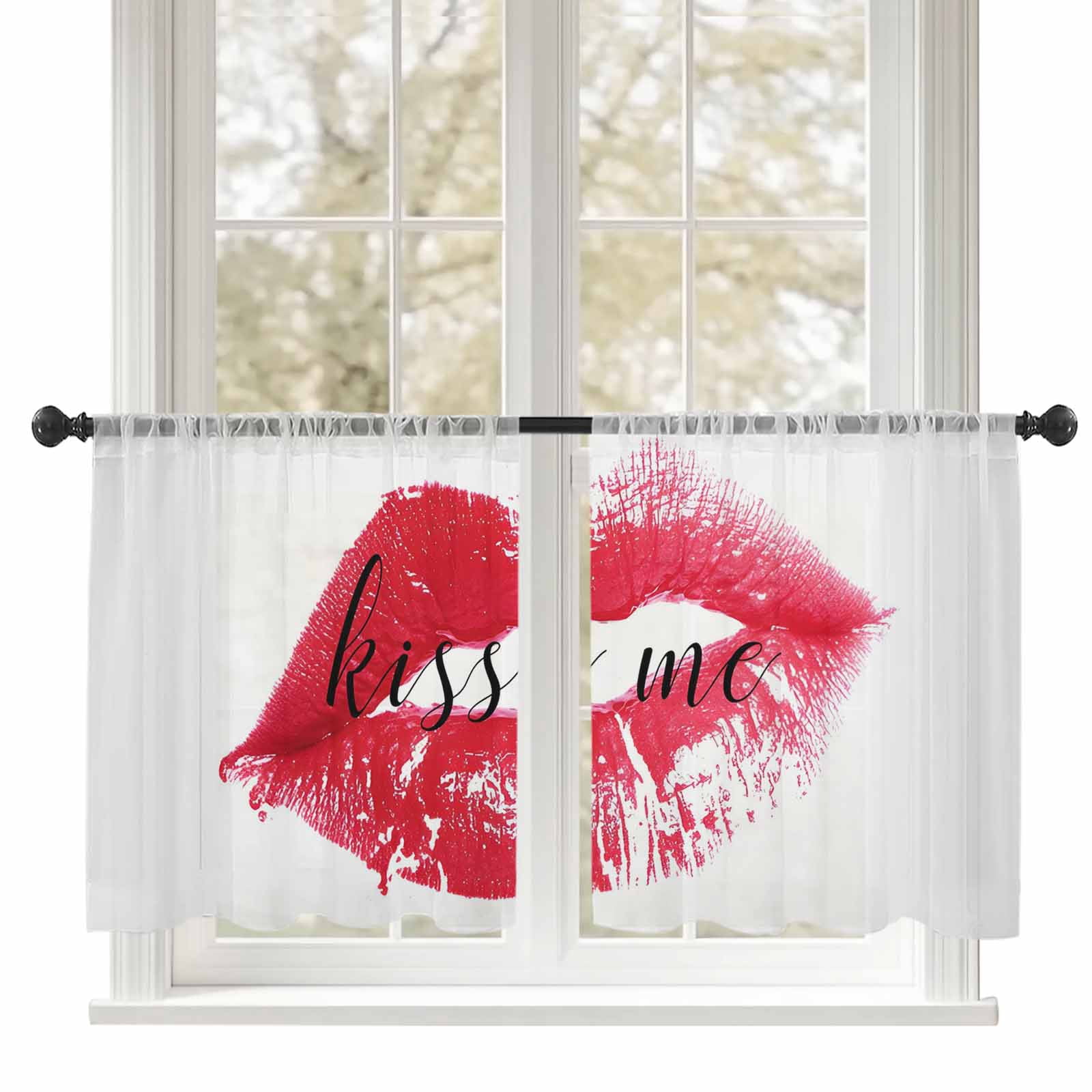 Sheer Curtains 54 inches Long, Kiss Me Text Lipprint Retro Abstract Red ...