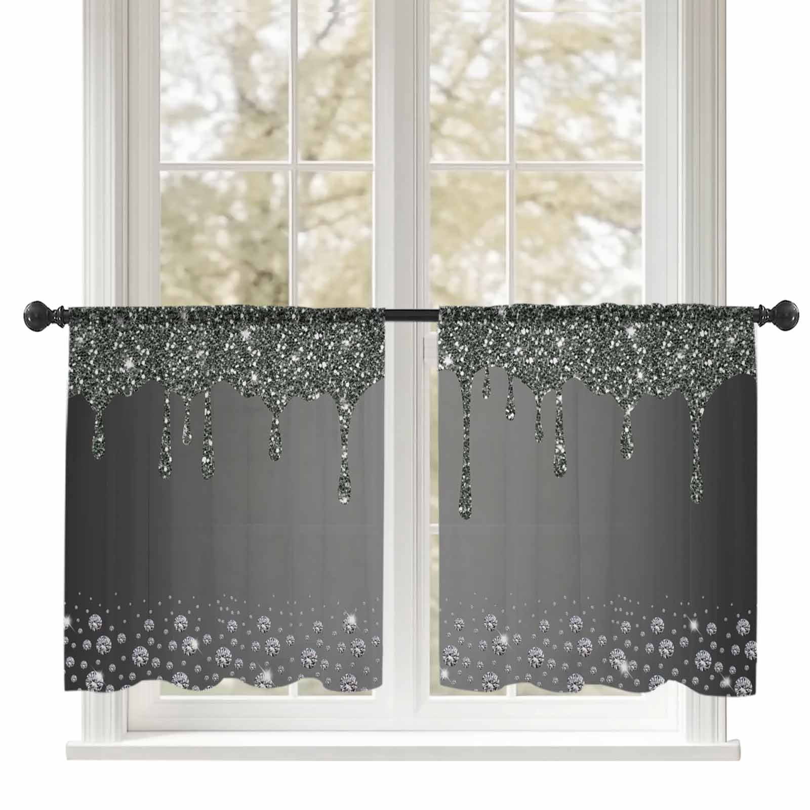Sheer Curtains 54 inches Long, Luxury Diamond Shinning Grey Gradient ...