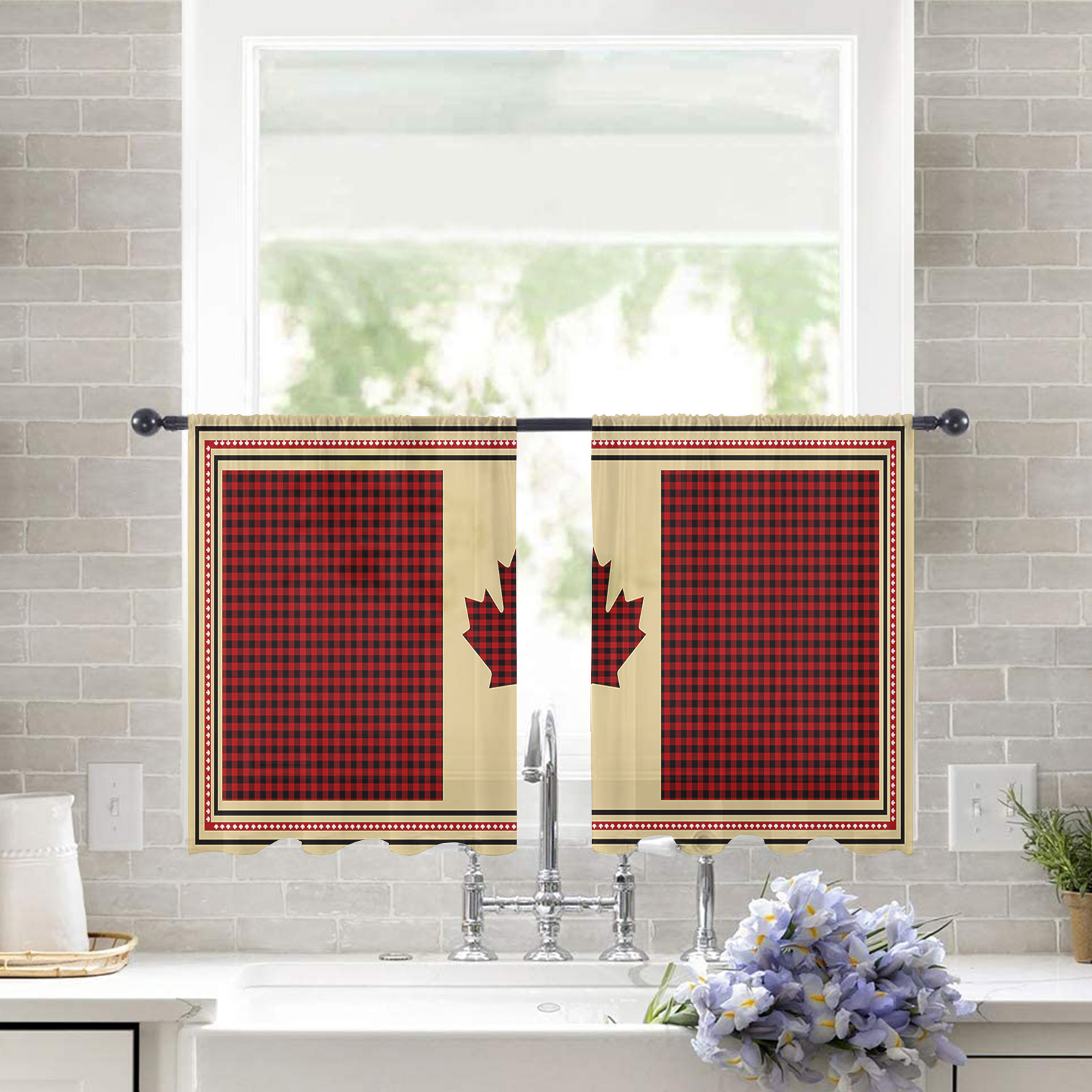 Sheer Curtains 54 inches Long, Maple Leaf Red Black Plaid Pattern Light ...