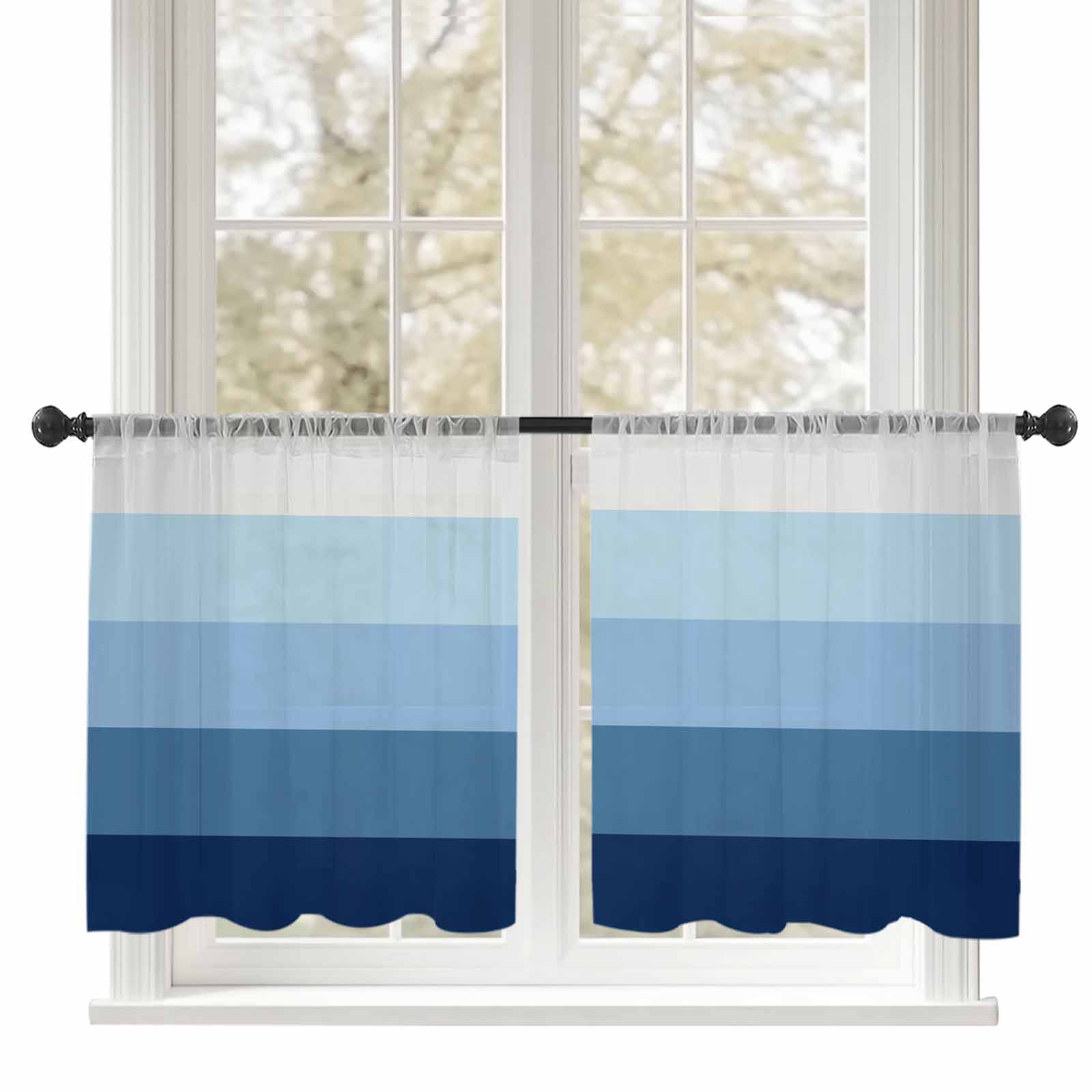 Sheer Curtains 54 inches Long, Navy Blue Striped Gradient Rustic Wood ...