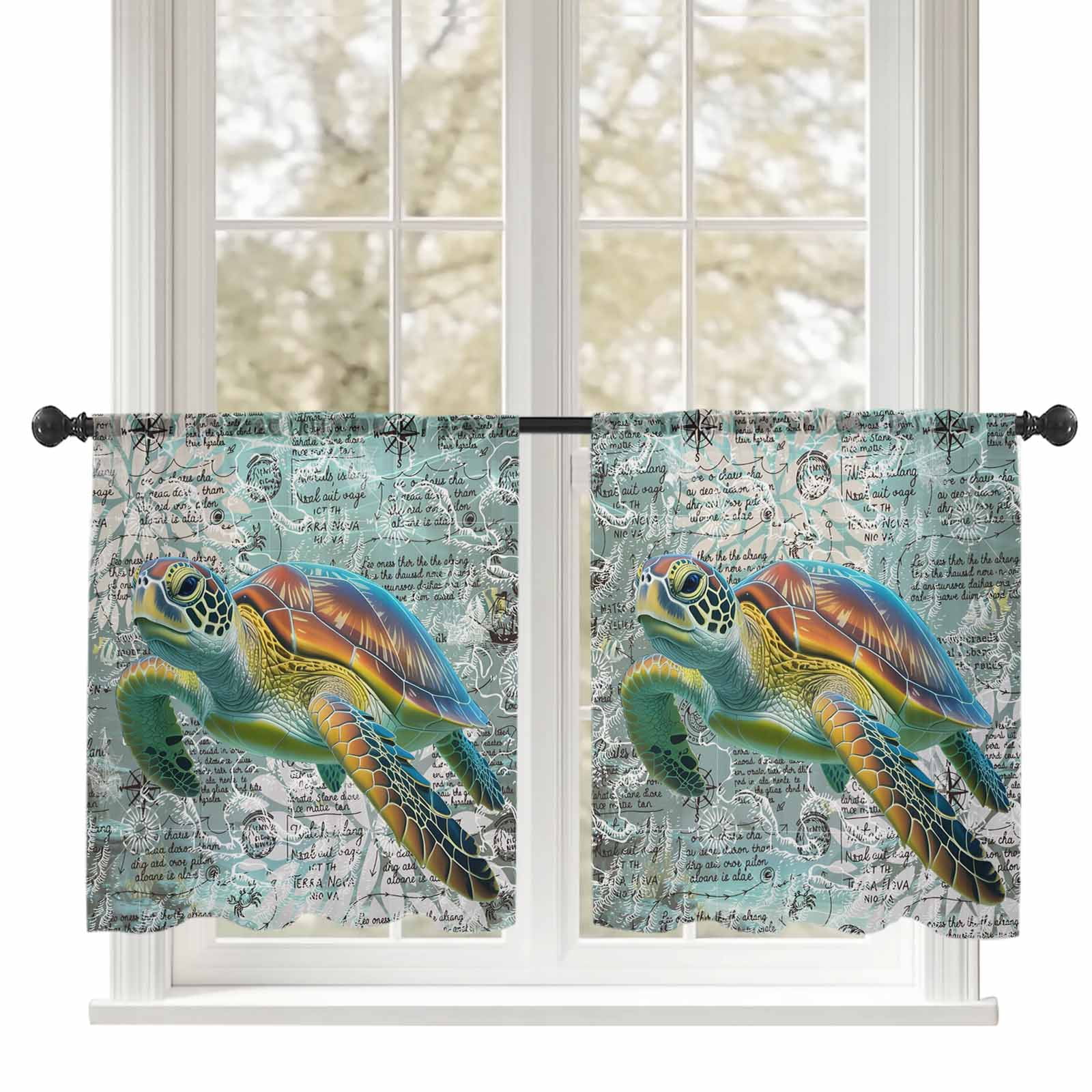 Sheer Curtains 54 inches Long, Ocean Turtle Nautical Retro Illustration ...