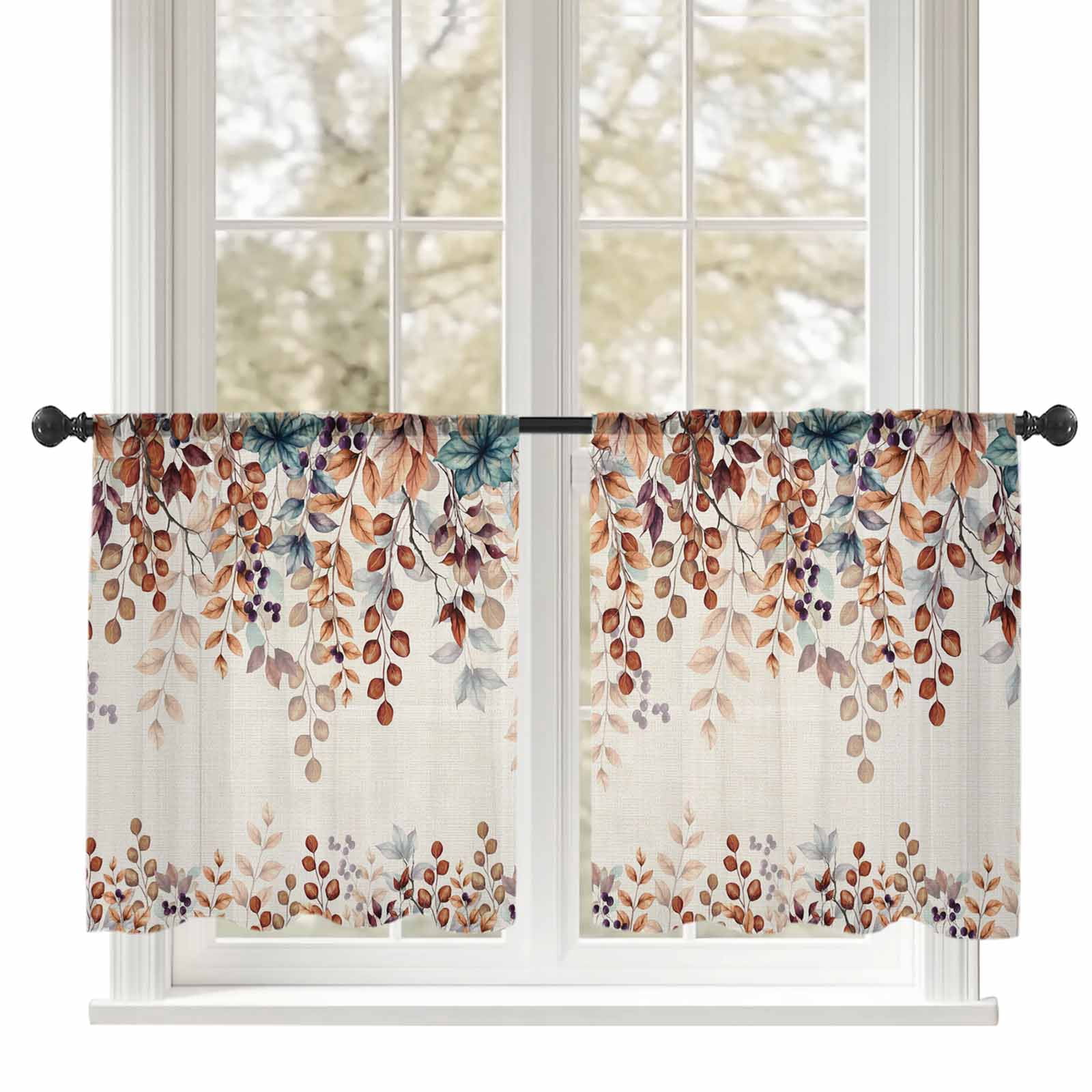 Sheer Curtains 54 inches Long, Orange Eucalyptus Leaves Abstract Branch ...
