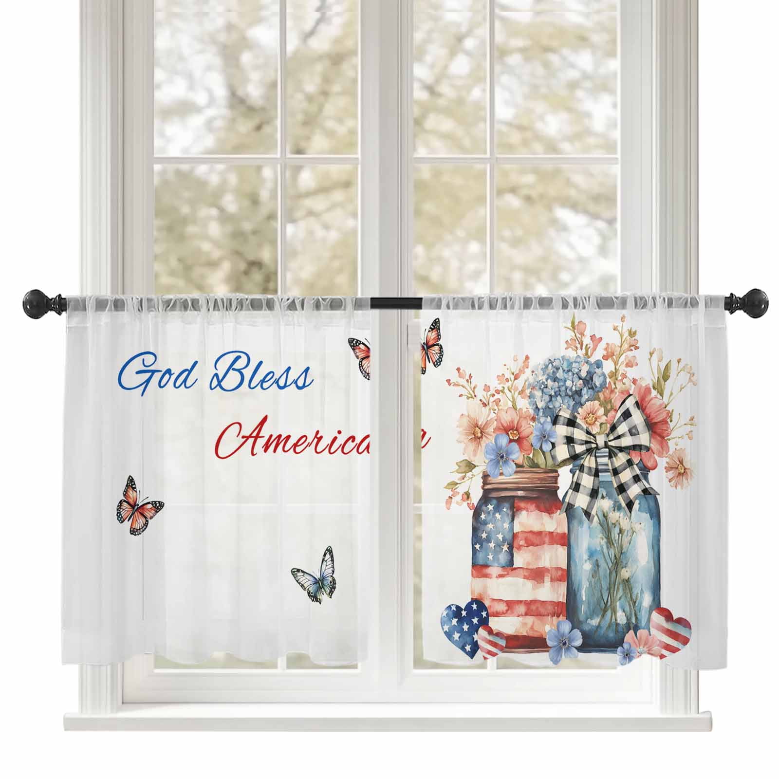 Sheer Curtains 54 inches Long, Red Blue Flower Butterfly Independence ...
