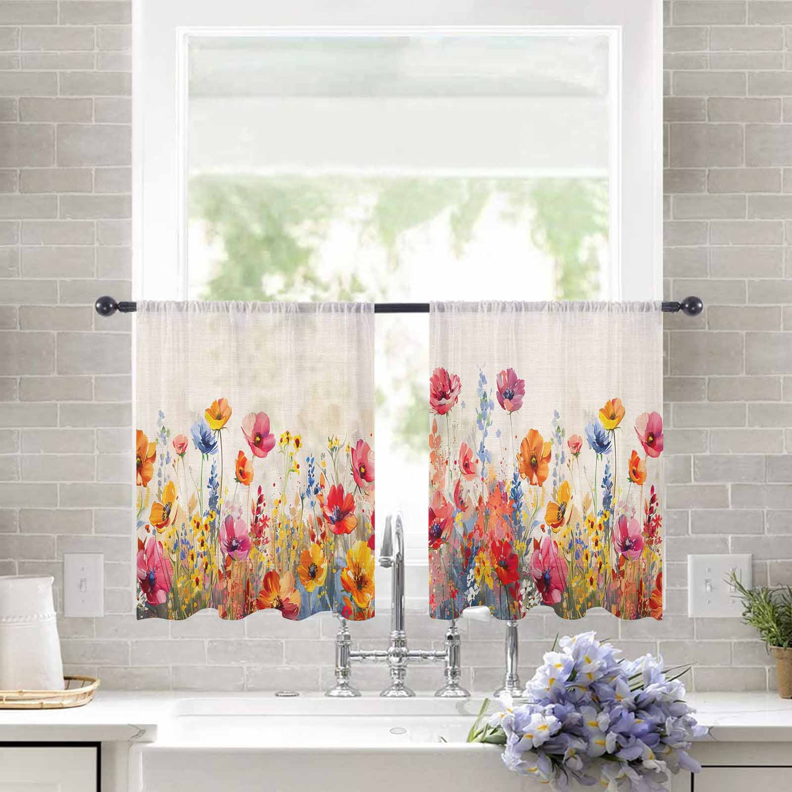Sheer Curtains 54 inches Long, Red Pink and Yellow Poppy Oil Painting ...