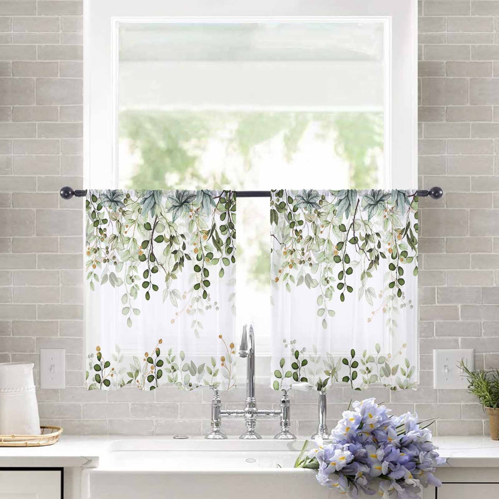 Sheer Curtains 54 inches Long, Sage Green Eucalyptus Abstract Branch ...