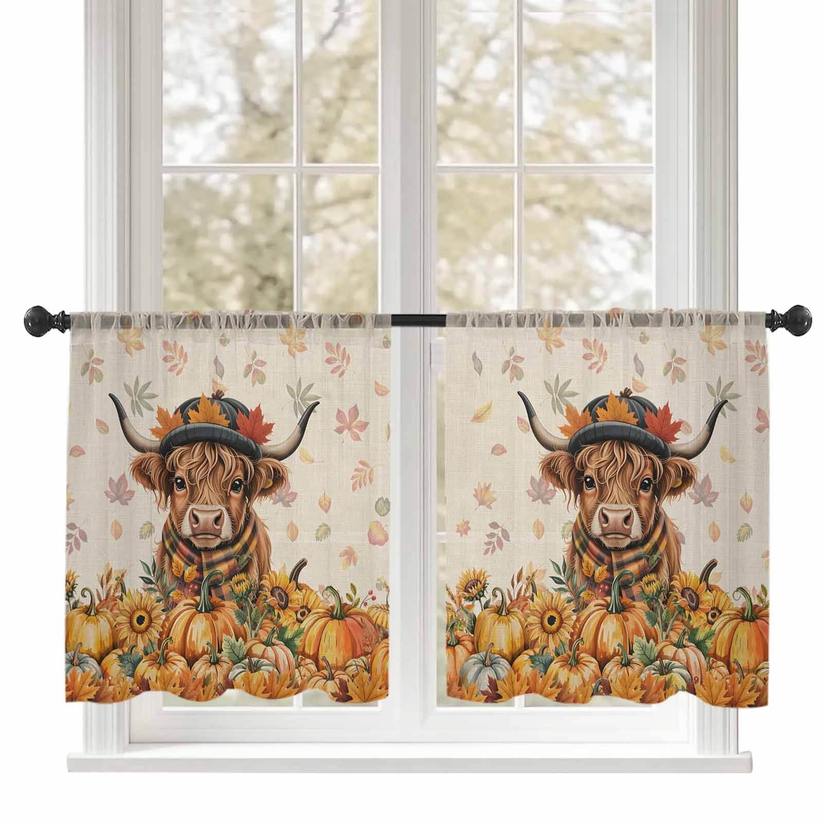 Sheer Curtains 54 inches Long, Scottish Highland Cow Pumpkin Sunflower ...