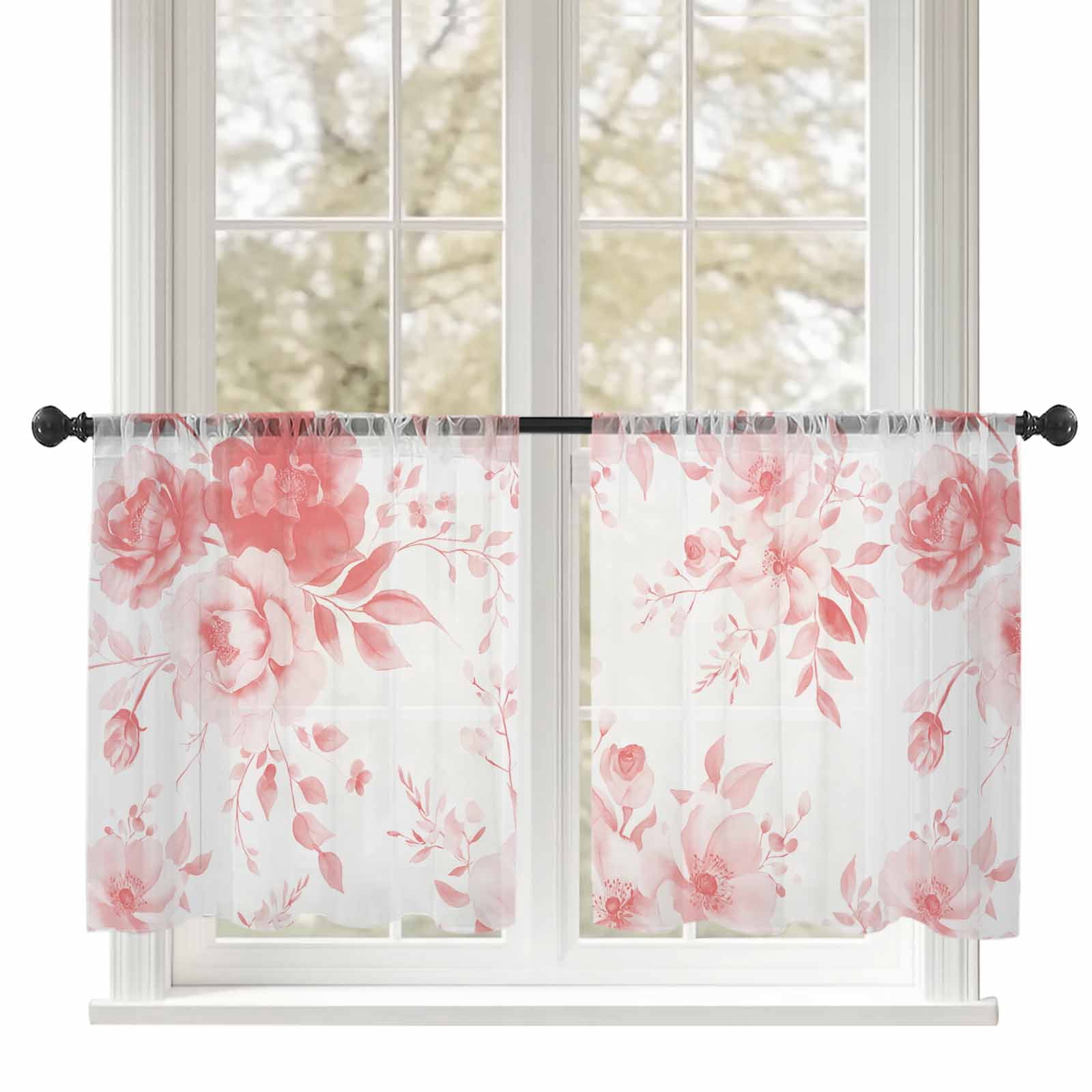Sheer Curtains 54 inches Long, Spring Floral Classic Pink Gradient ...