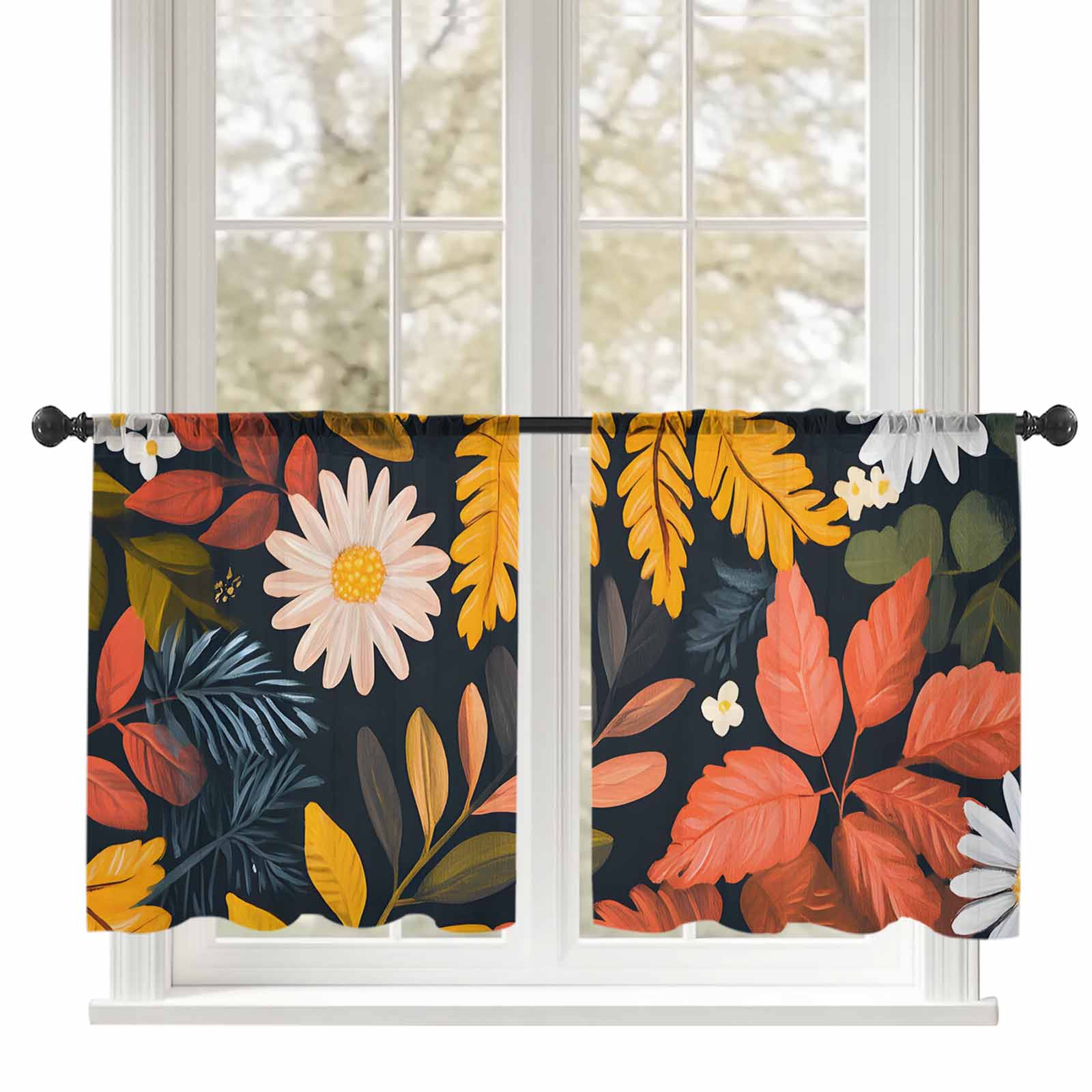 Sheer Curtains 54 inches Long, Spring Flower Pastoral Orange Leaf Light ...