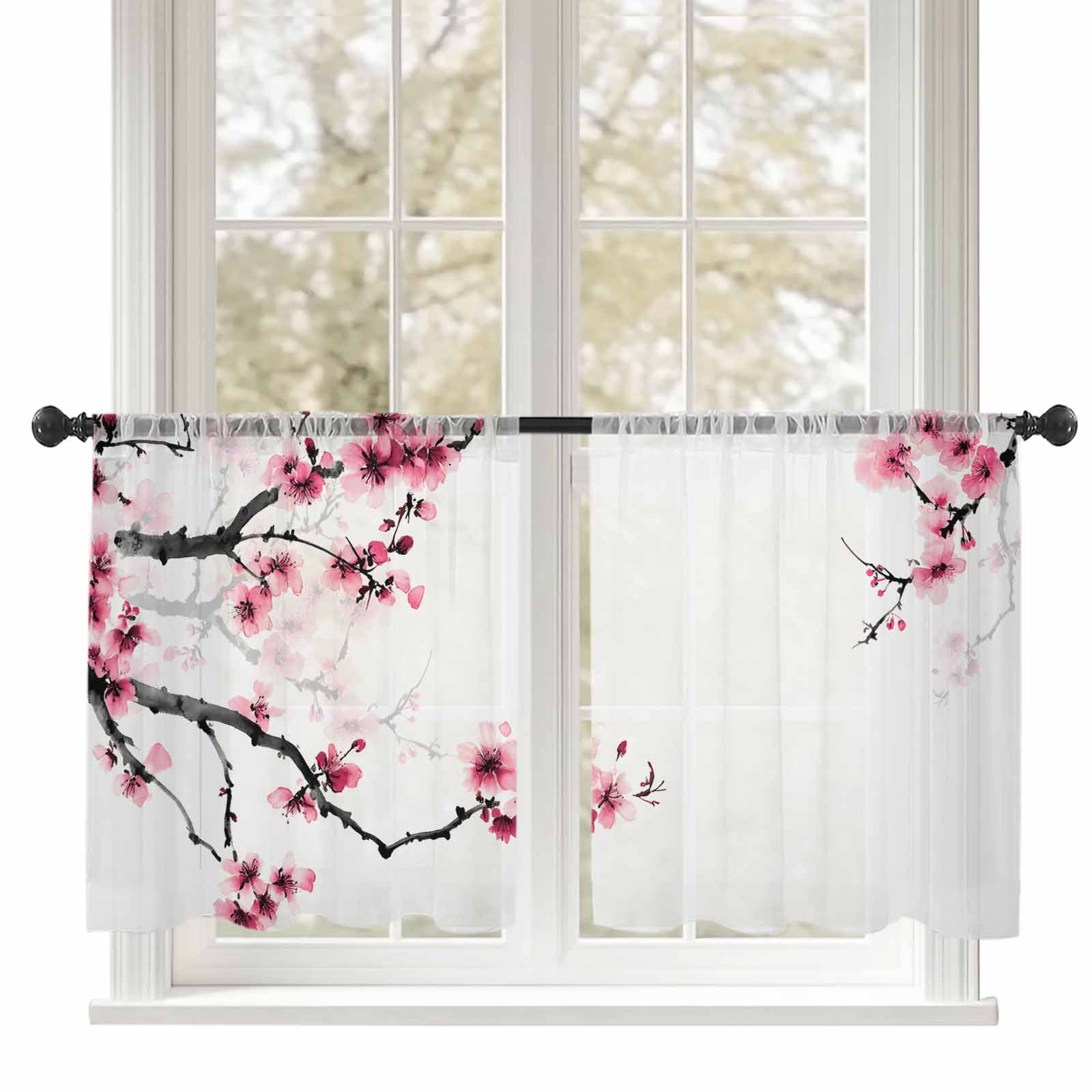 Sheer Curtains 54 inches Long, Spring Plant Pink Cherry Blossoms Gradient Floral Light Filtering ...