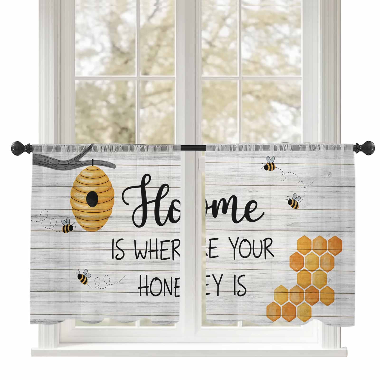 Sheer Curtains 54 inches Long, Summber Bee Home Honey Letter Retro Wood ...