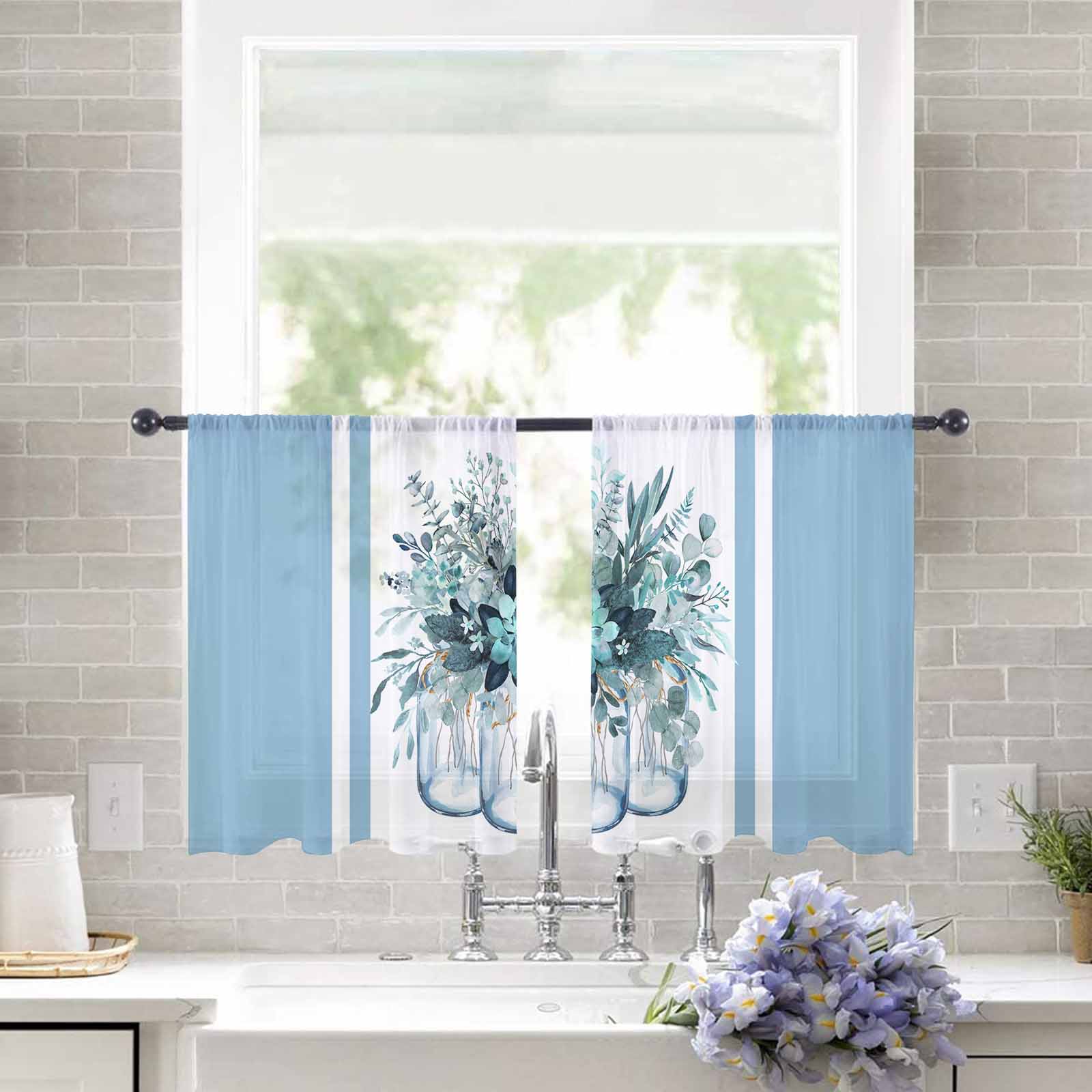 Sheer Curtains 54 inches Long, Summer Flowers Eucalyptus Plants Glass ...