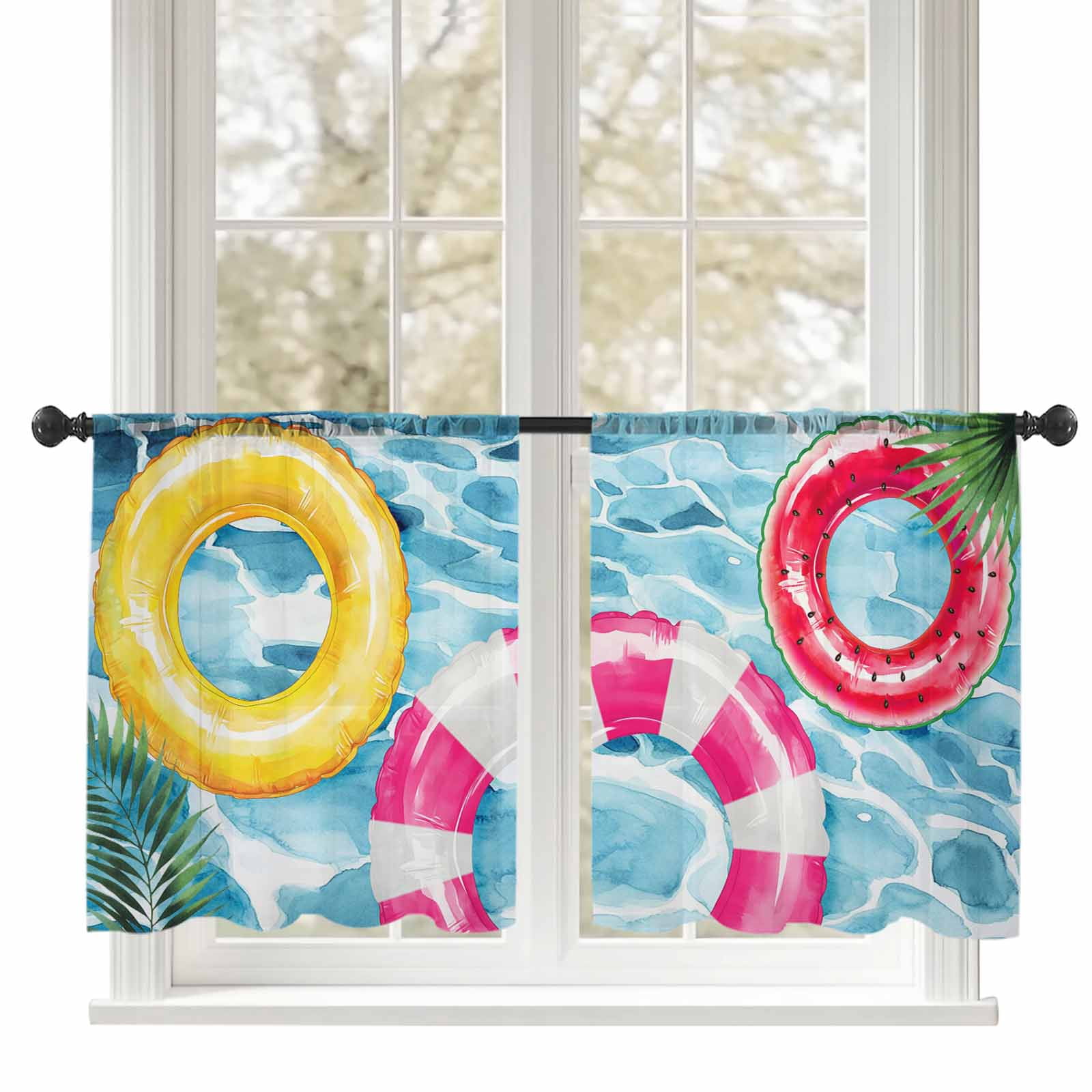Sheer Curtains 54 inches Long, Swimming Ring Summer Pool Watercolor ...