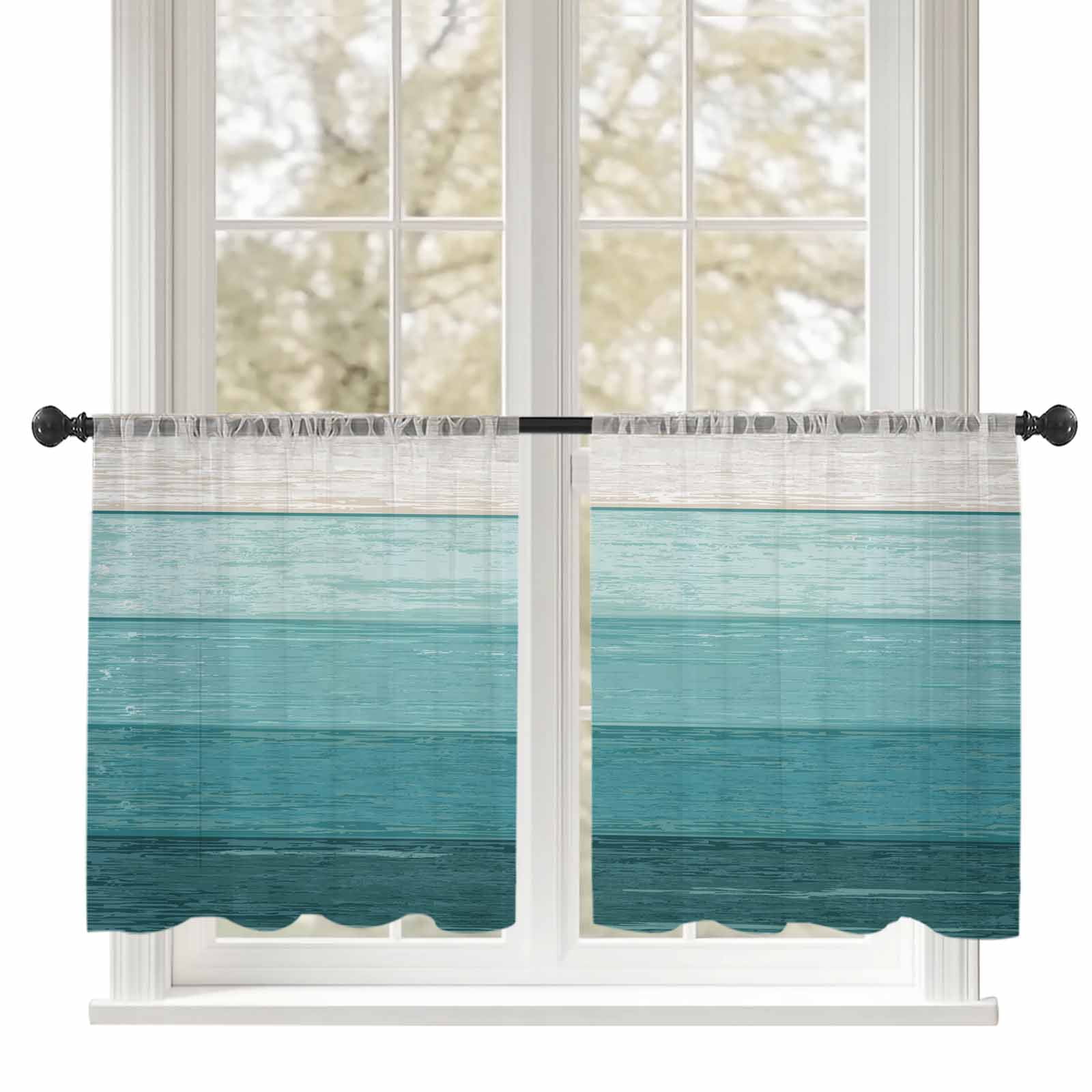 Sheer Curtains 54 inches Long, Teal Blue Striped Gradient Rustic Wood ...