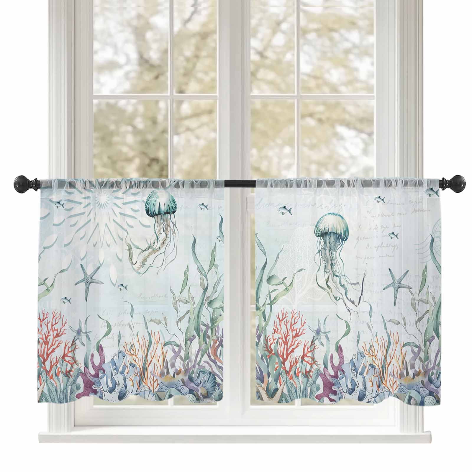 Sheer Curtains 54 inches Long, Teal Ocean Jellyfish Coral Seagrass ...