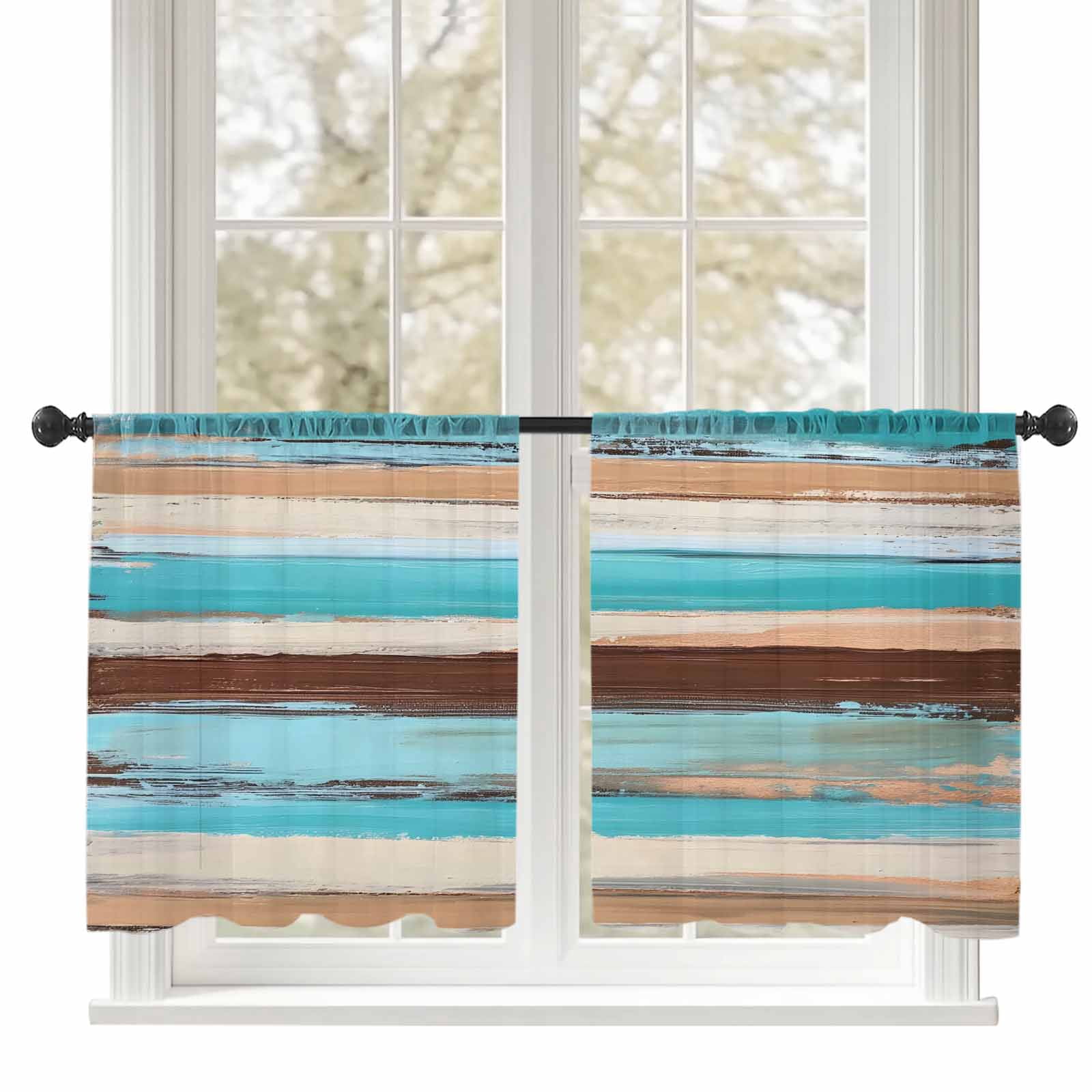 Sheer Curtains 54 inches Long, Turquoise Brown Board Abstract Wood ...