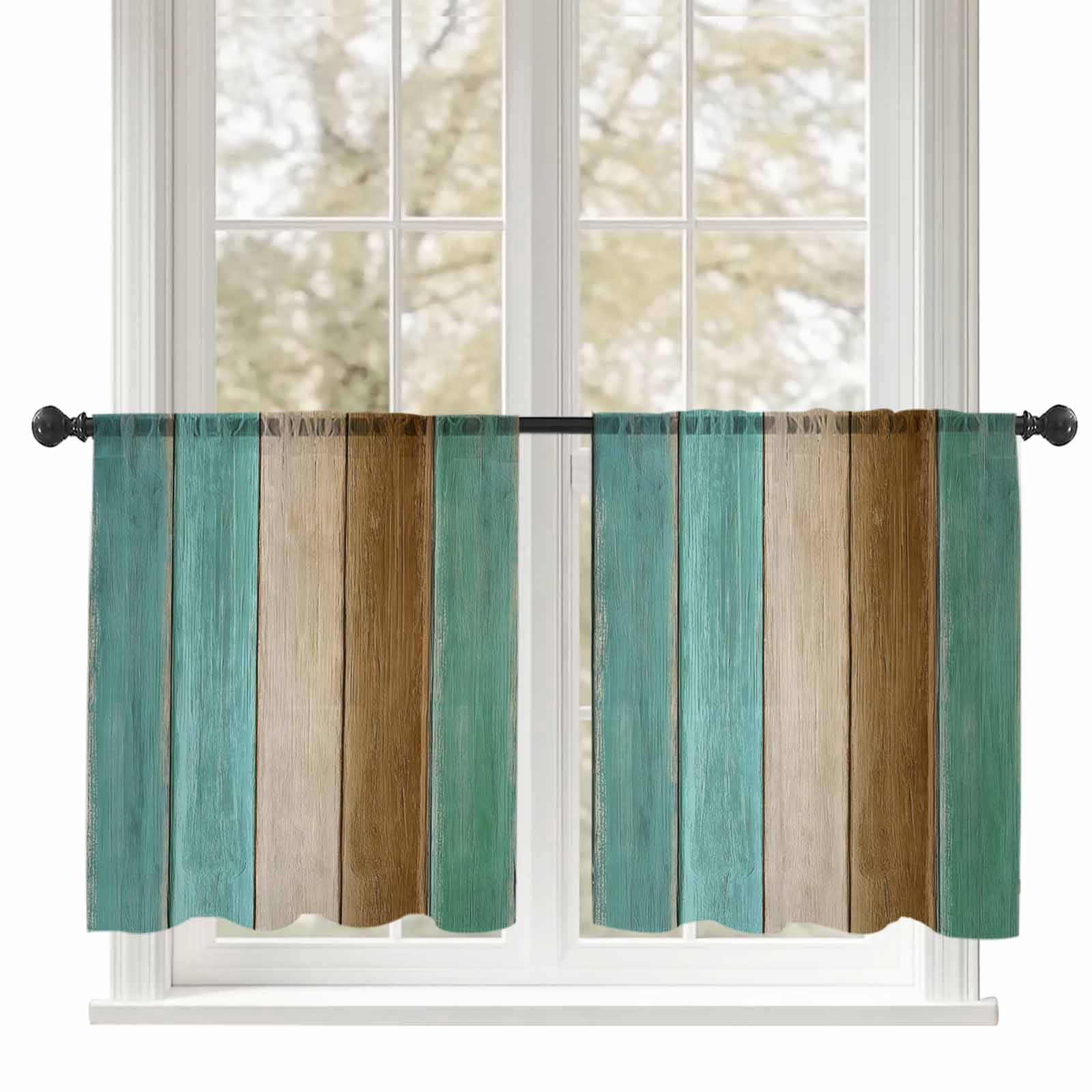 Sheer Curtains 54 inches Long, Turquoise Brown Wood Grain Gradient ...