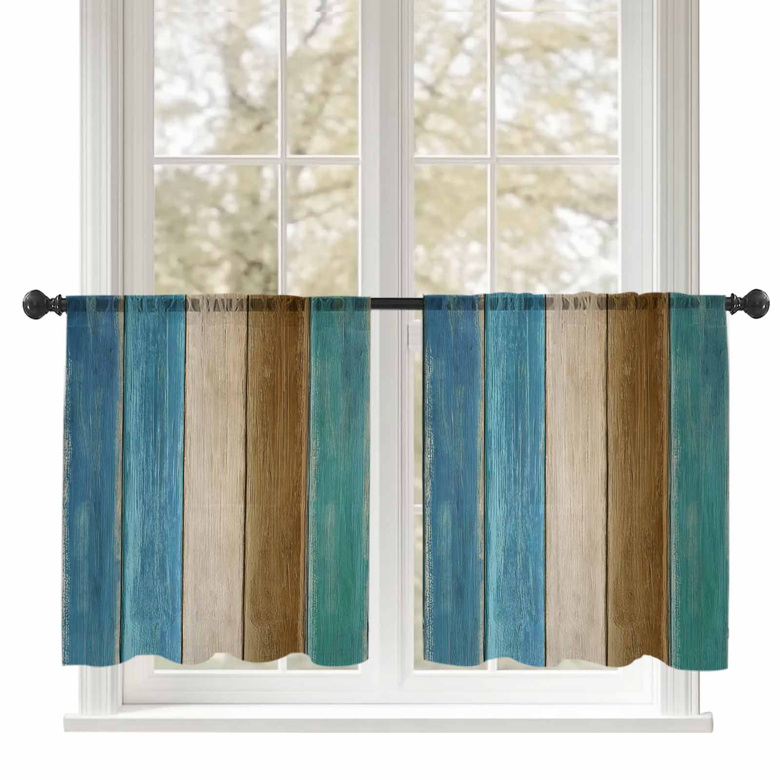 Sheer Curtains 54 inches Long, Turquoise Brown Wood Grain Gradient ...