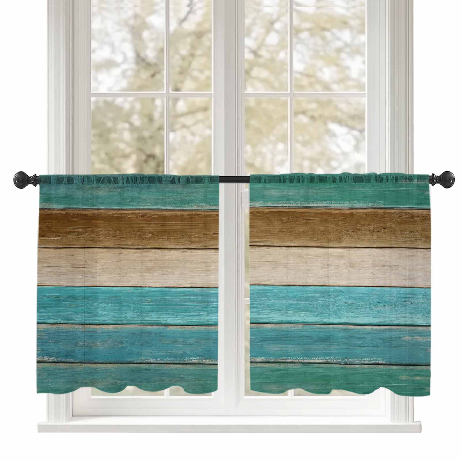 Sheer Curtains 54 inches Long, Turquoise Brown Wooden Board Gradient ...