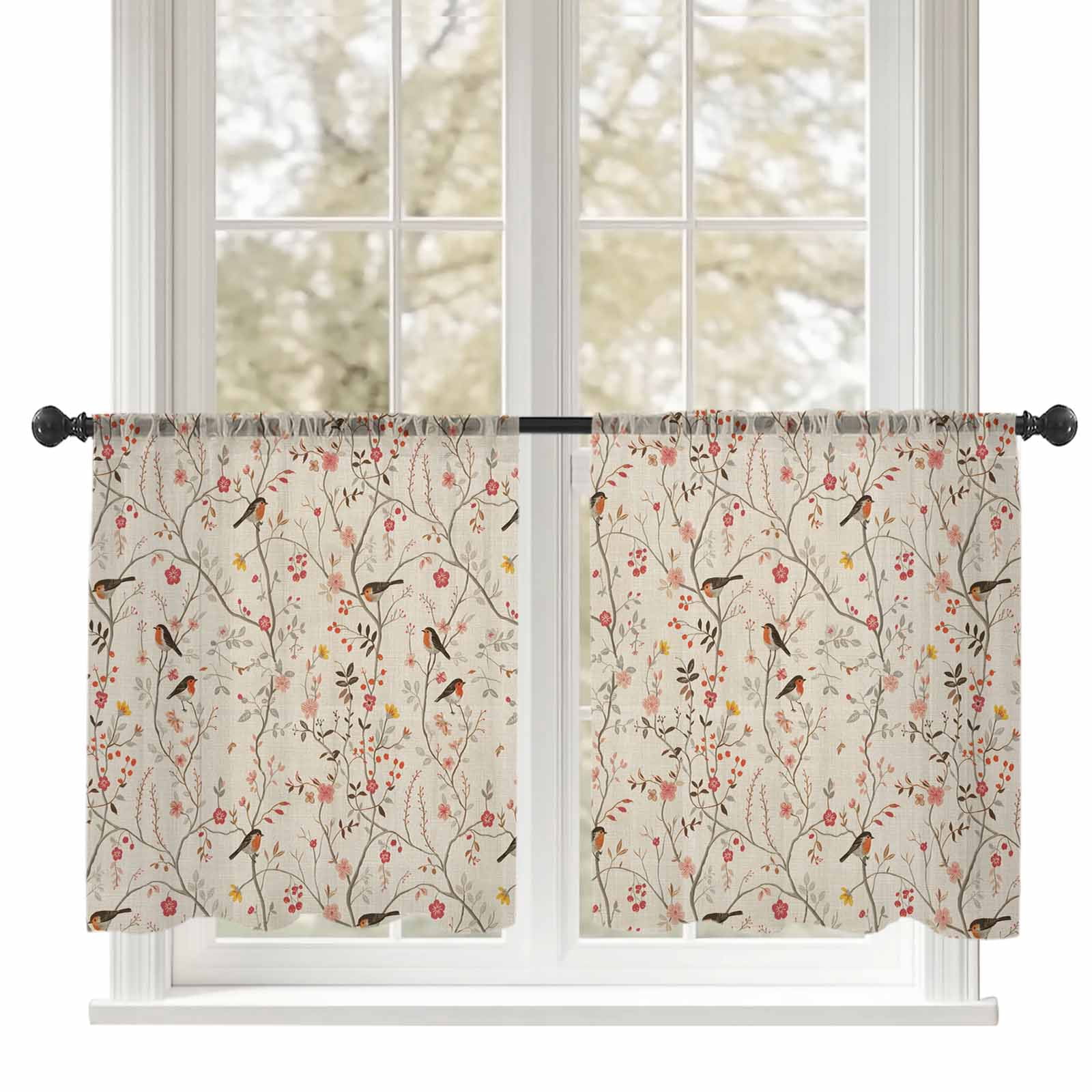 Sheer Curtains 54 inches Long, Vintage Spring Wallpaper Bird Red Flower ...
