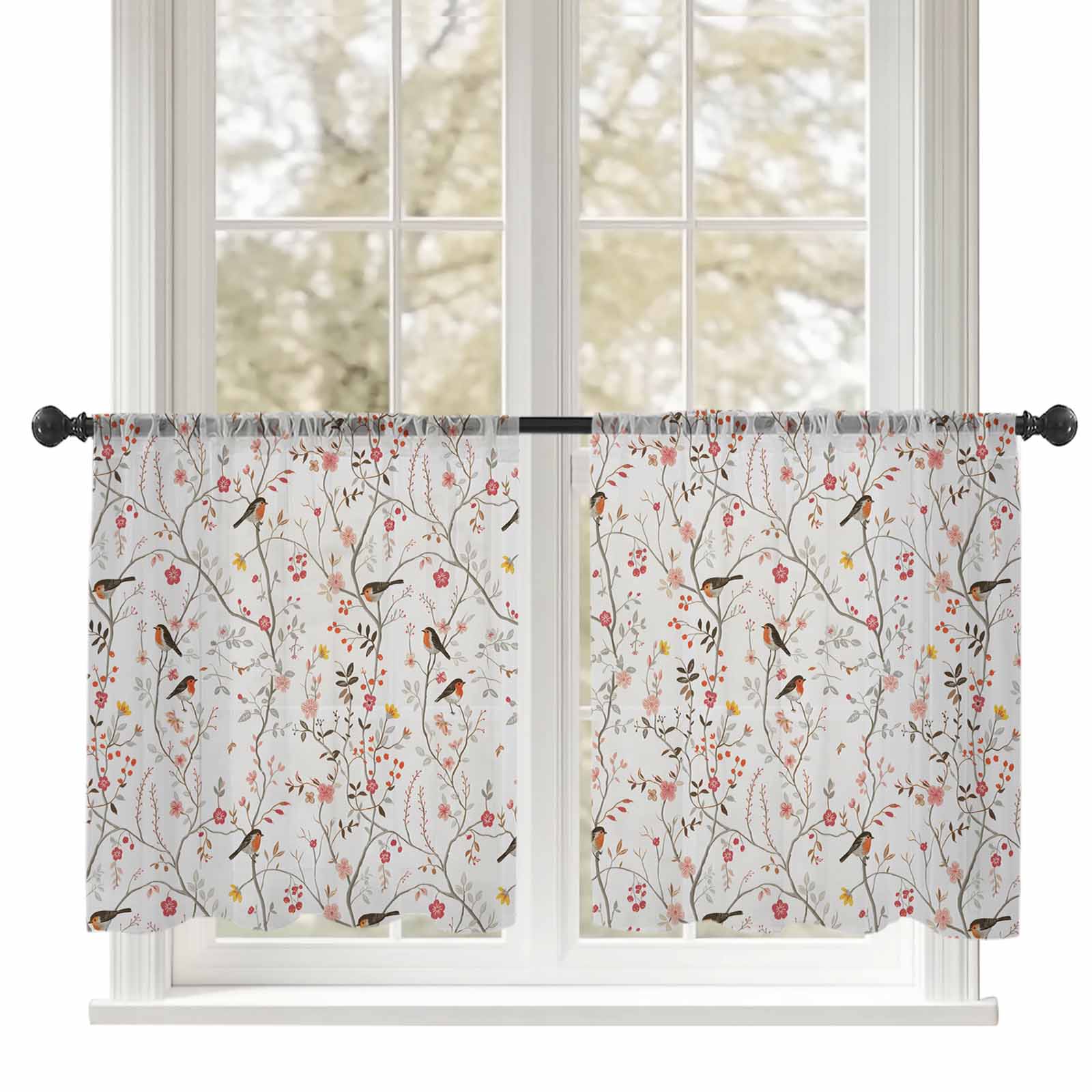 Sheer Curtains 54 inches Long, Vintage Spring Wallpaper Bird Red Flower ...