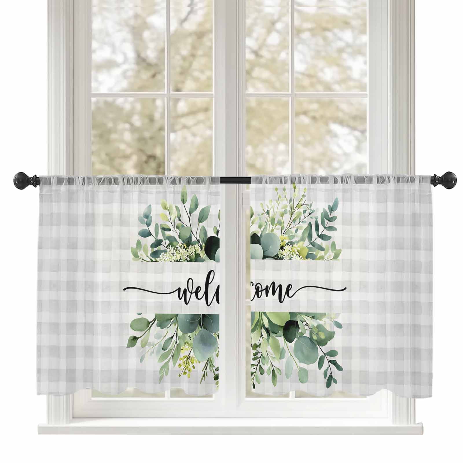 Sheer Curtains 54 inches Long, Welcome Leaf Spring Summer Gray Plaid ...