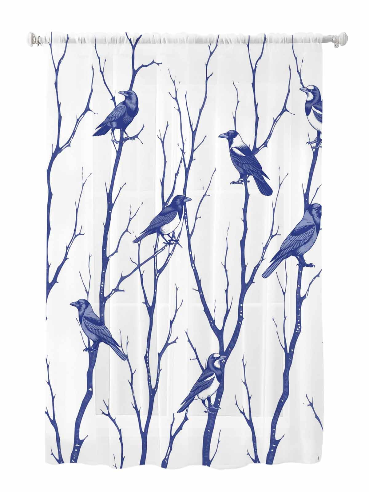 Sheer Curtains 63 Inch Length, Navy Blue Branches Birds Semi Sheer ...