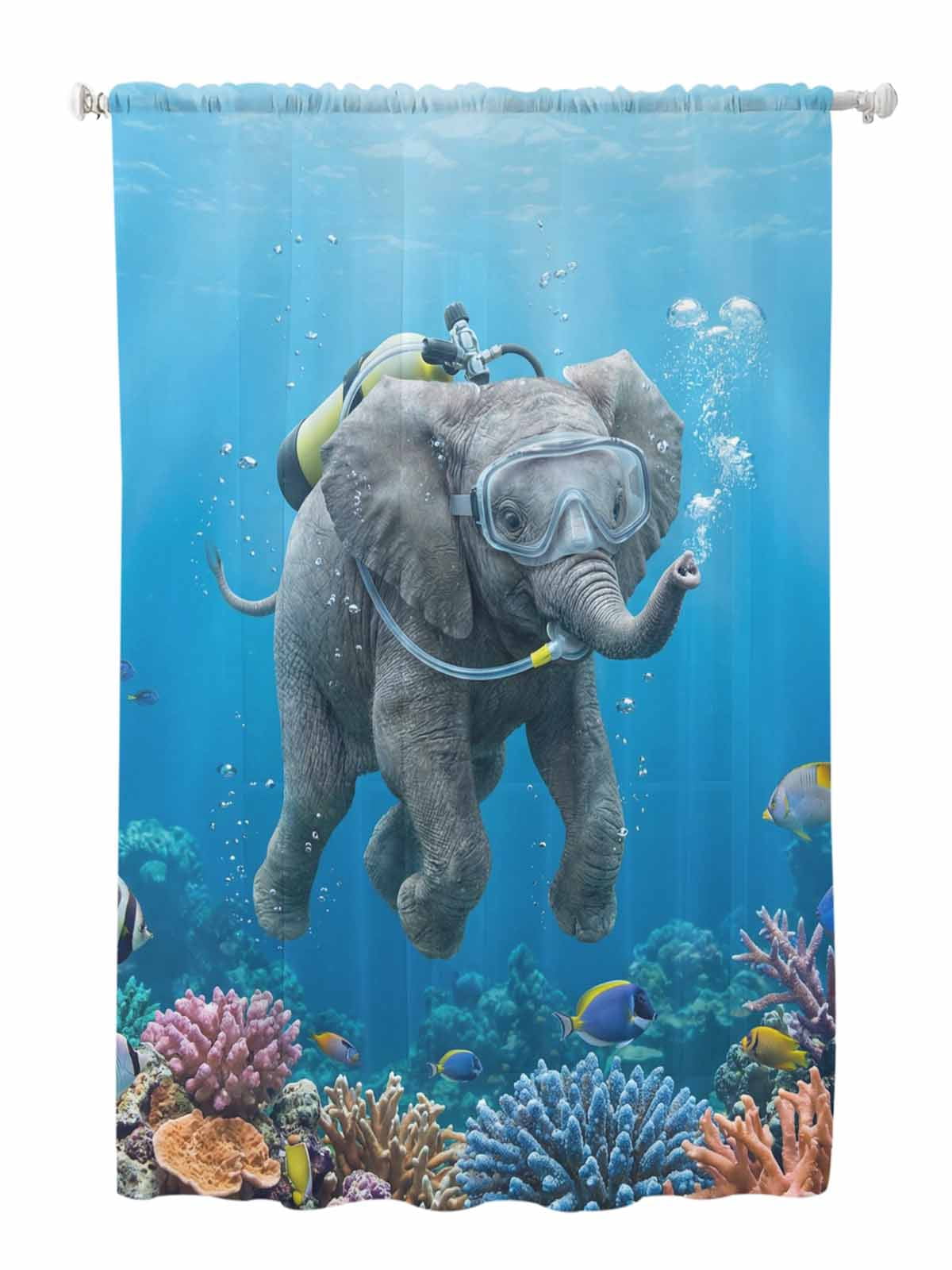 Sheer Curtains 63 Inch Length, Ocean Diving Elephant Semi Sheer ...