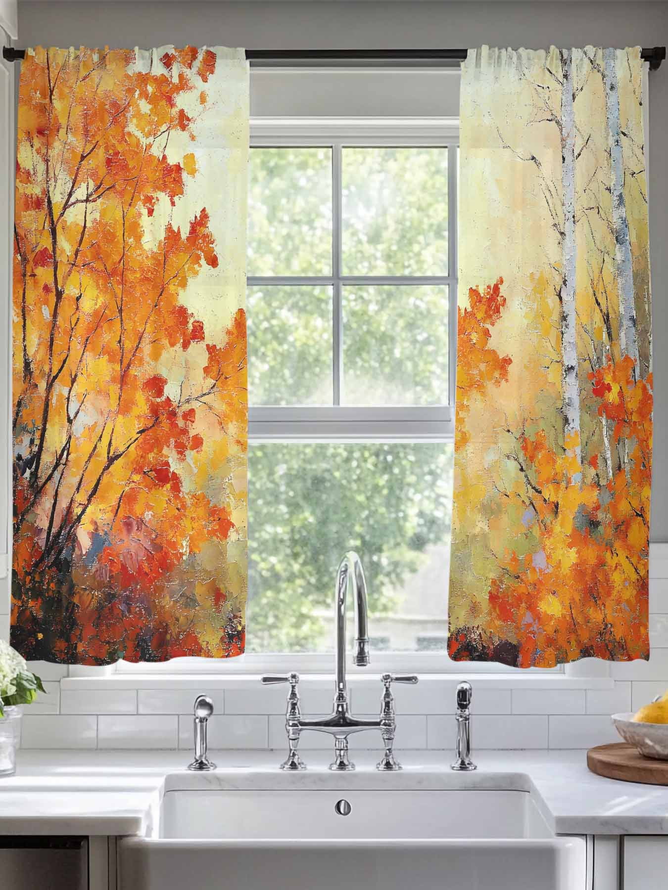 Sheer Curtains 63 Inches Long 2 Panels, Autumn Maple Leaves Orange ...