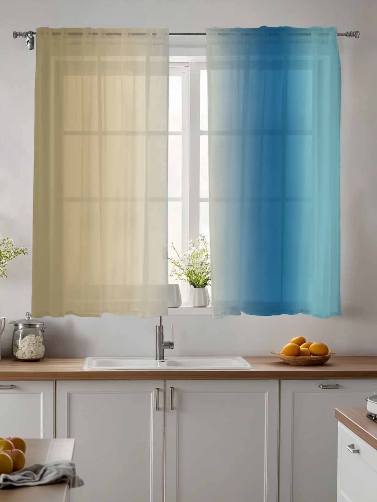 Sheer Curtains 63 Inches Long 2 Panels, Gradient Blue Beige Farmhouse ...