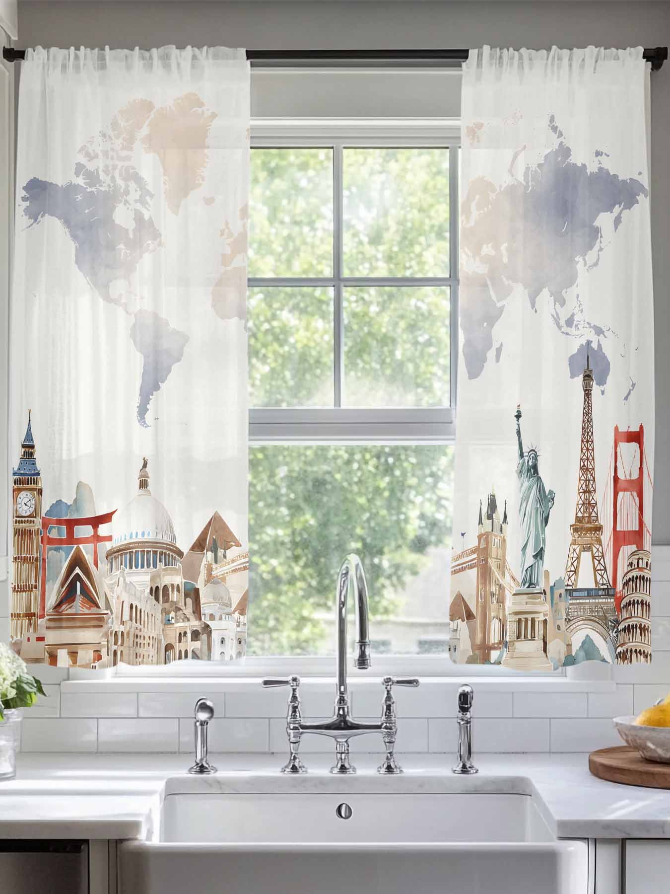Sheer Curtains 63 Inches Long 2 Panels, Retro Maps of The World Tourism ...