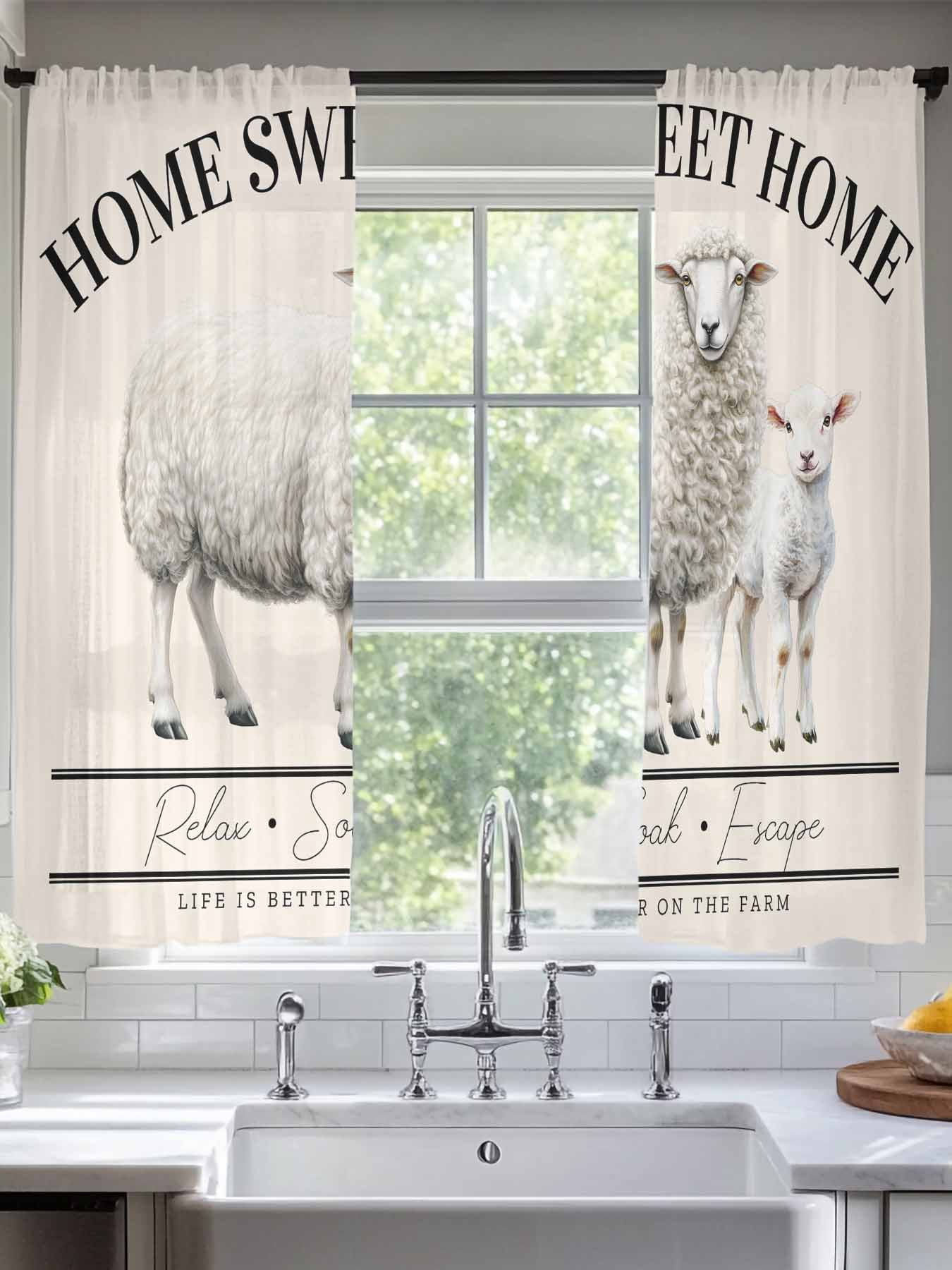 Sheer Curtains 63 Inches Long 2 Panels, Rustic Animal Farmhouse Sheep ...