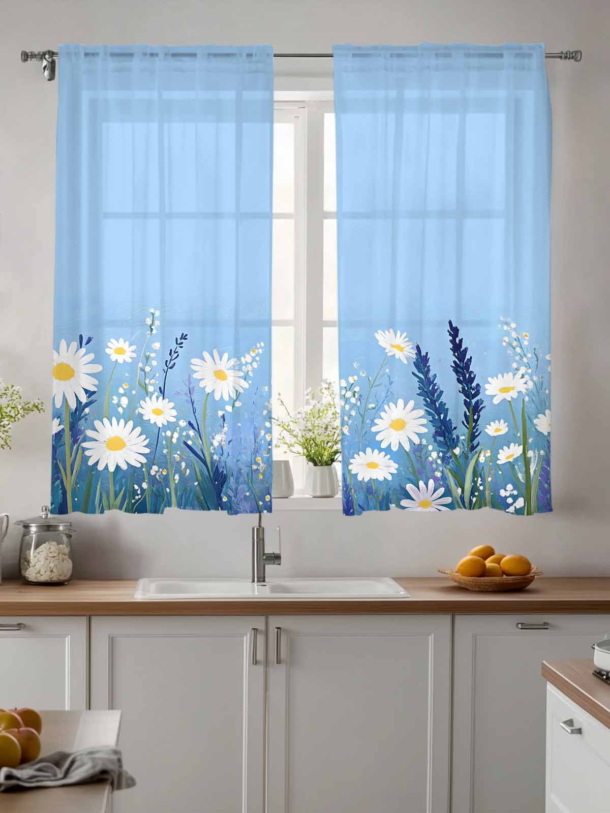 Sheer Curtains 63 Inches Long 2 Panels, Spring Flower White Daisy on ...