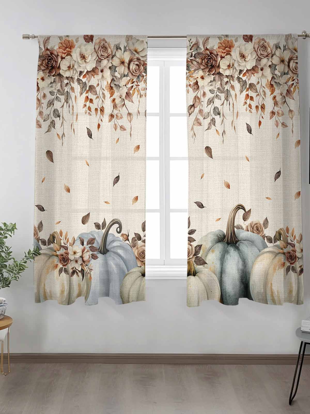 Sheer Curtains 63 inches Long 2 Panels Set Fall Blue Pumpkin Rose ...