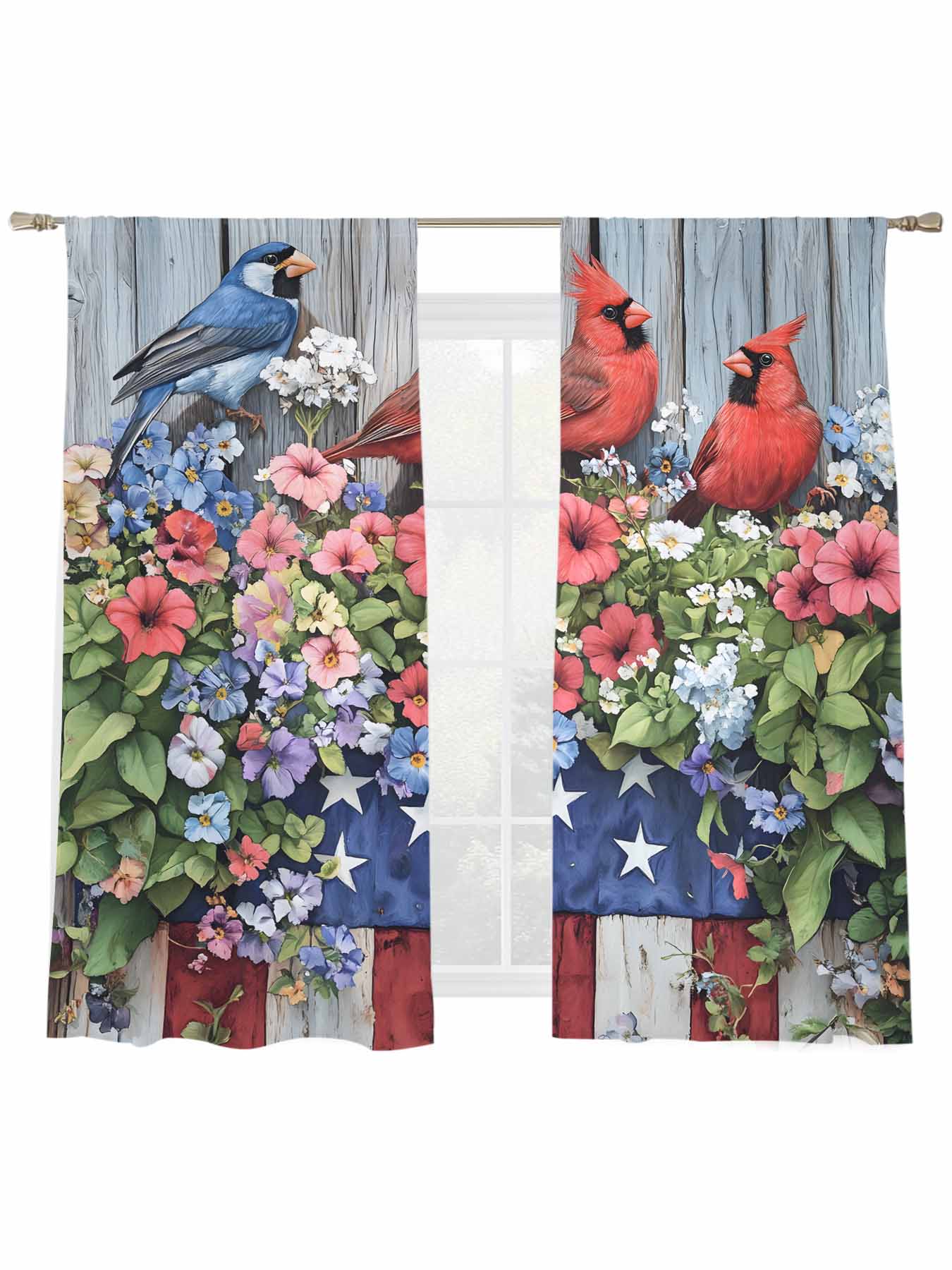 Sheer Curtains 63 inches Long 2 Panels Set Floral Cardinal Bird ...
