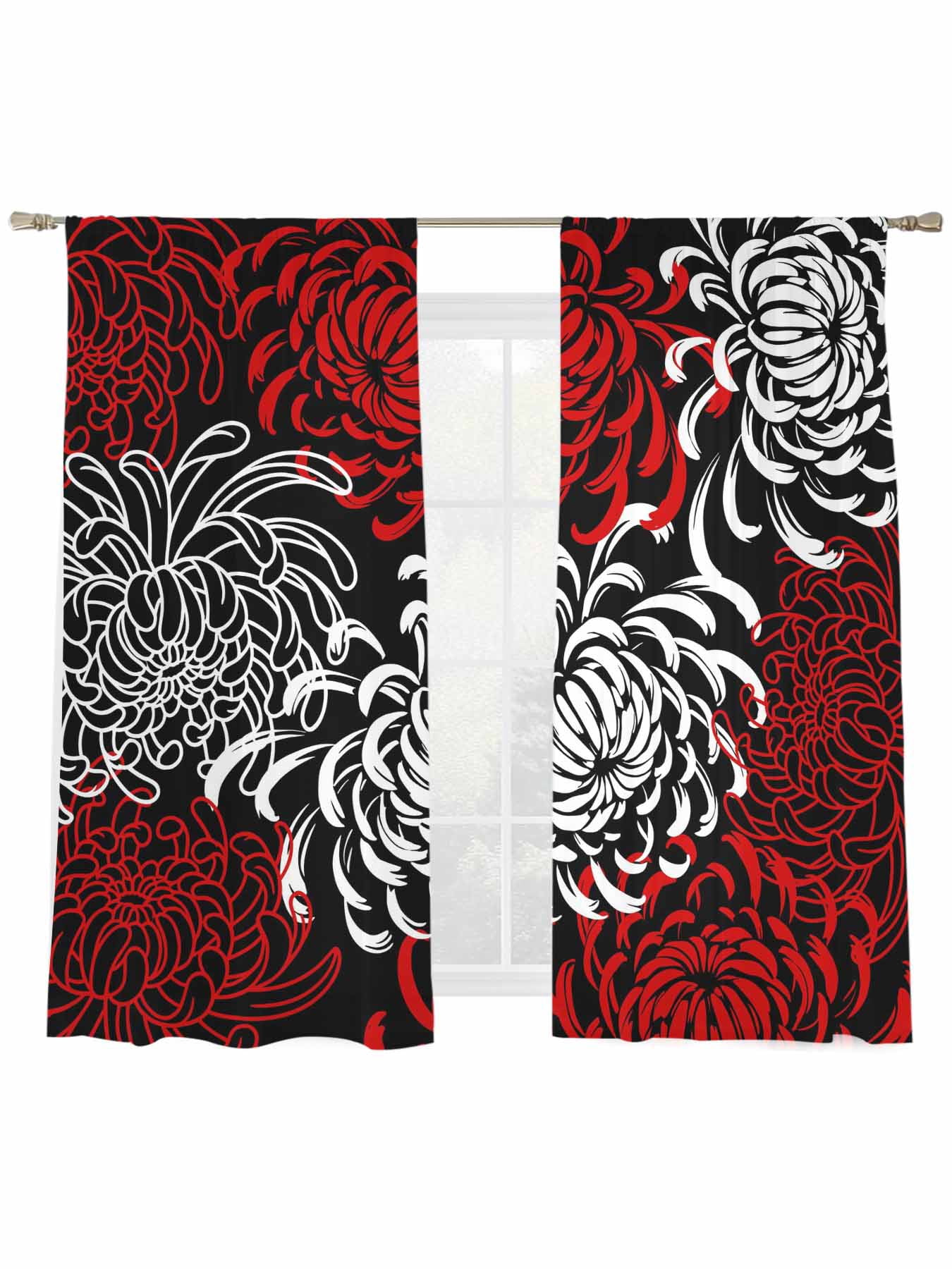 Sheer Curtains 63 inches Long 2 Panels Set Floral Pattern Outline White ...