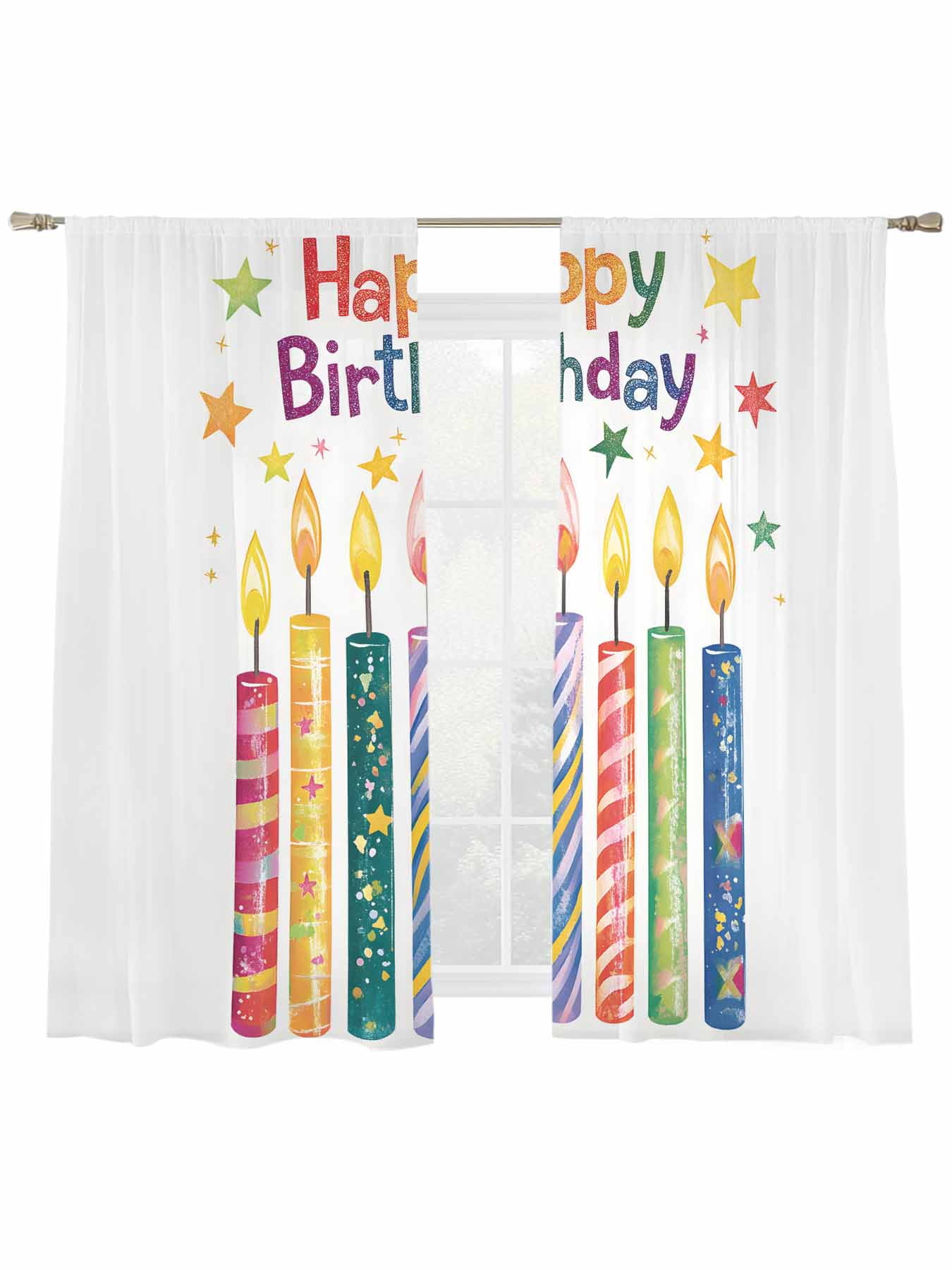 Sheer Curtains 63 inches Long 2 Panels Set Happy Birthday Colorful ...