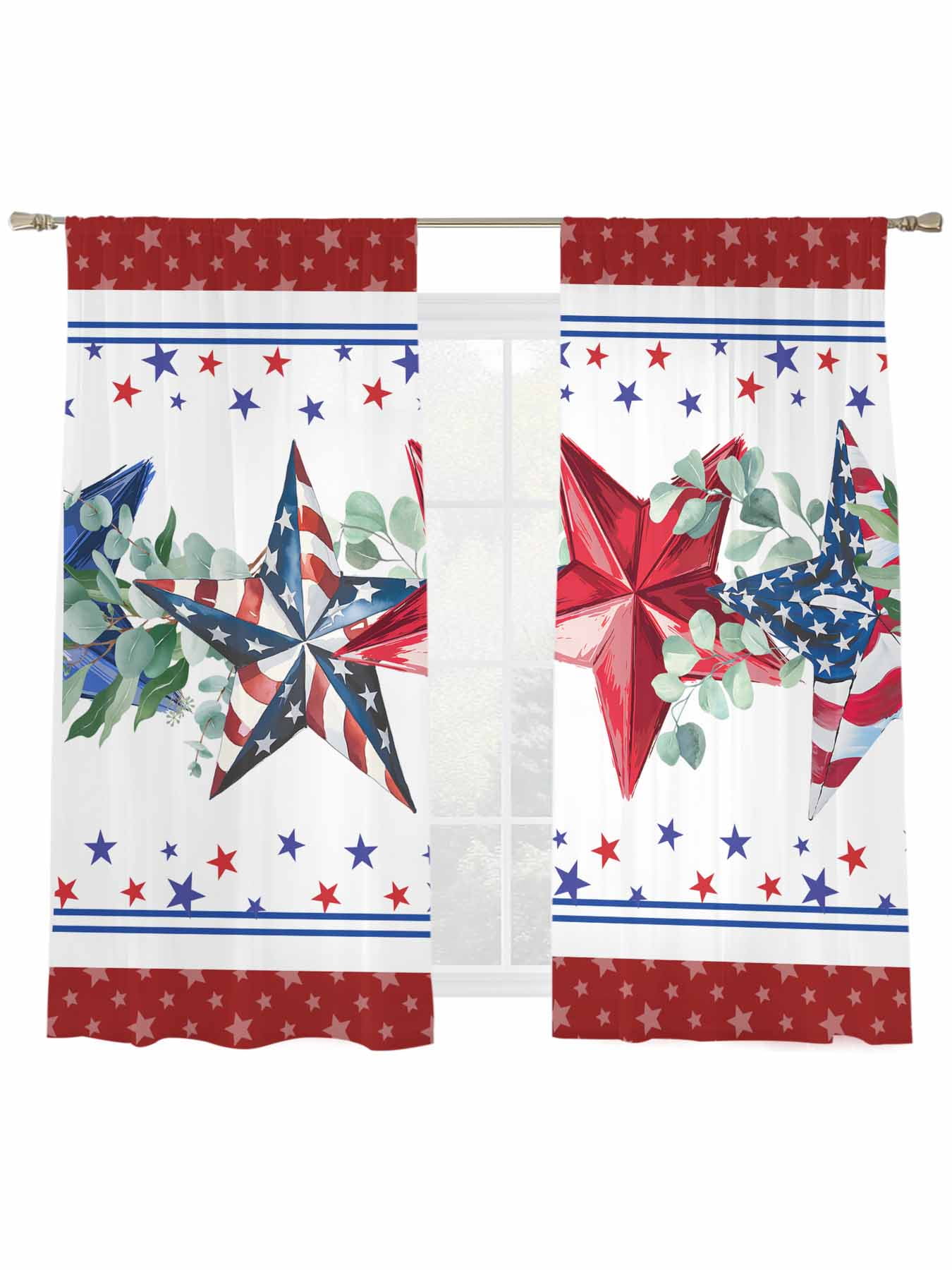 Sheer Curtains 63 inches Long 2 Panels Set Independence Day American Flag Eucalyptus Leaf Red ...