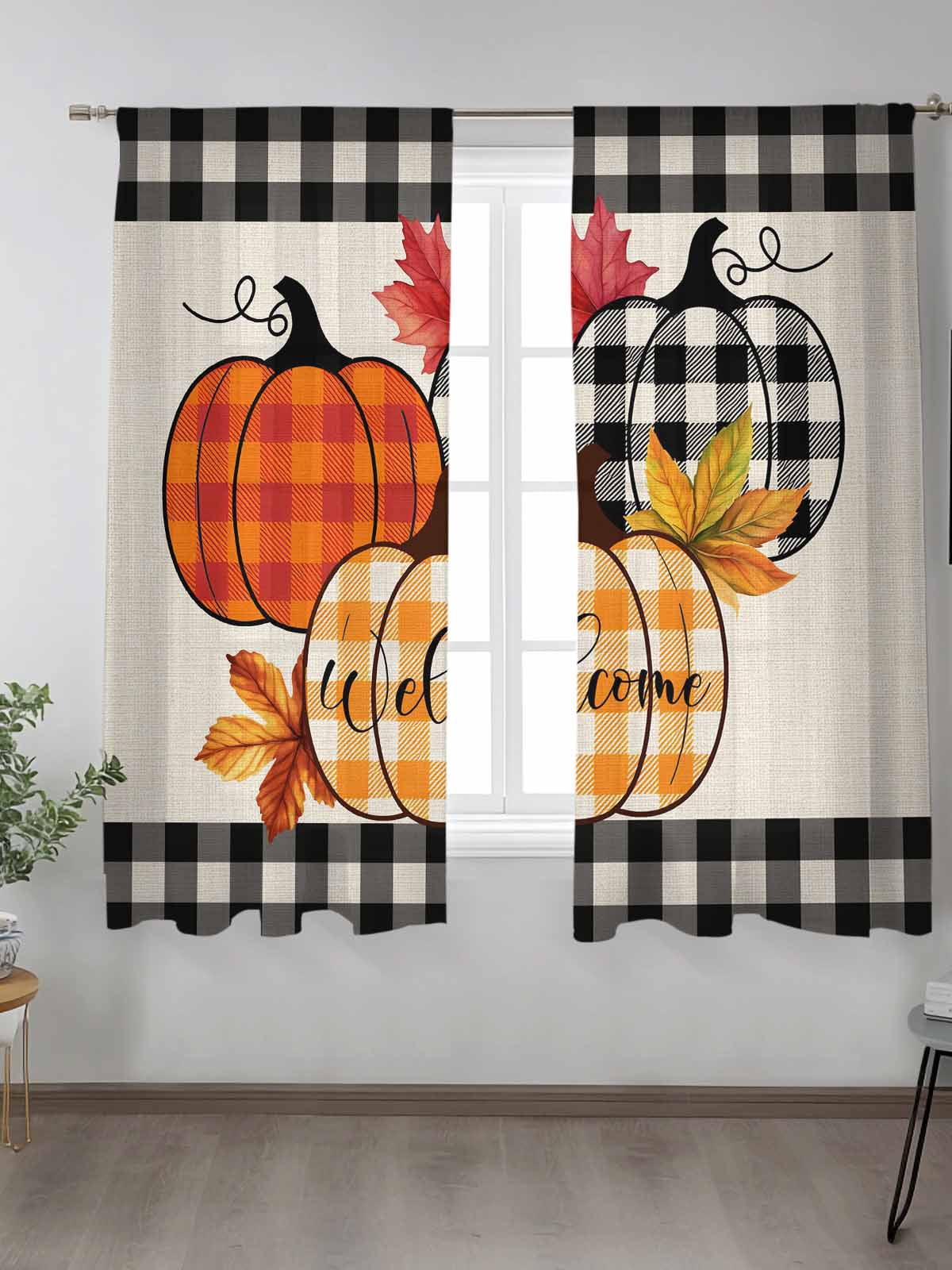 Sheer Curtains 63 inches Long 2 Panels Set Plaid Pumpkin Fall Maple ...