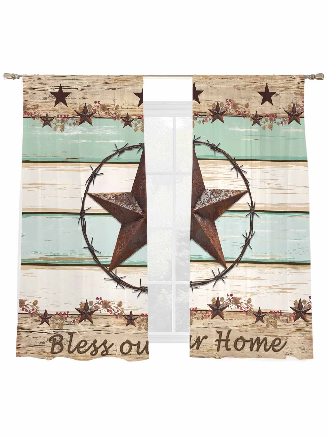 Sheer Curtains 63 inches Long 2 Panels Set Retro Texas Star Bless Our ...