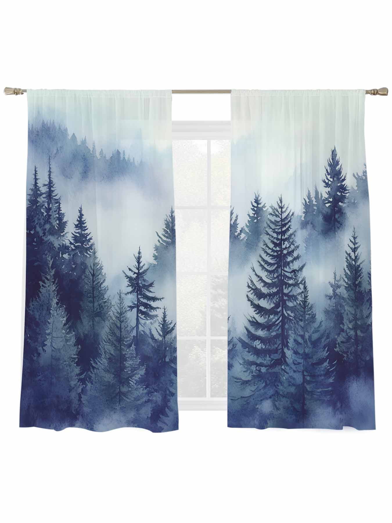 Sheer Curtains 63 inches Long 2 Panels Set Retro Trees Plants ...
