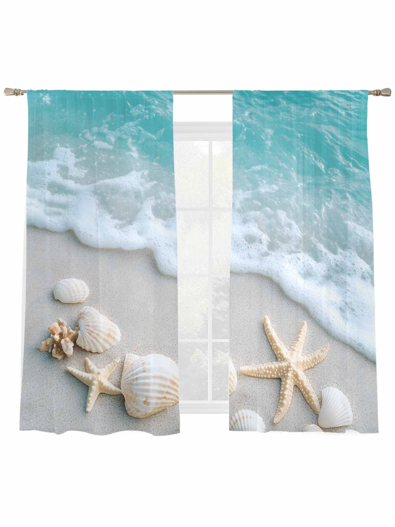Sheer Curtains 63 inches Long 2 Panels Set Teal Beige Beach Starfish ...