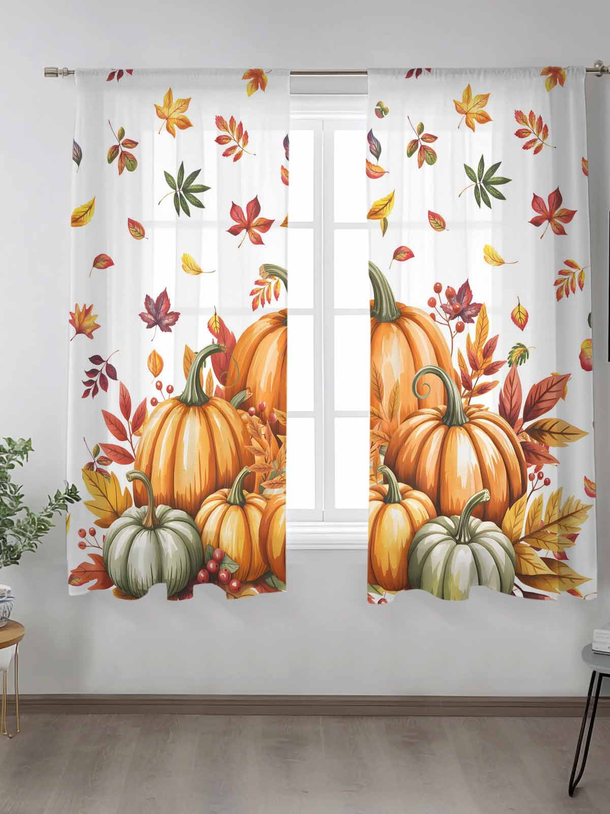 Sheer Curtains 63 inches Long 2 Panels Set Thanksgiving Pumpkin Autumn ...