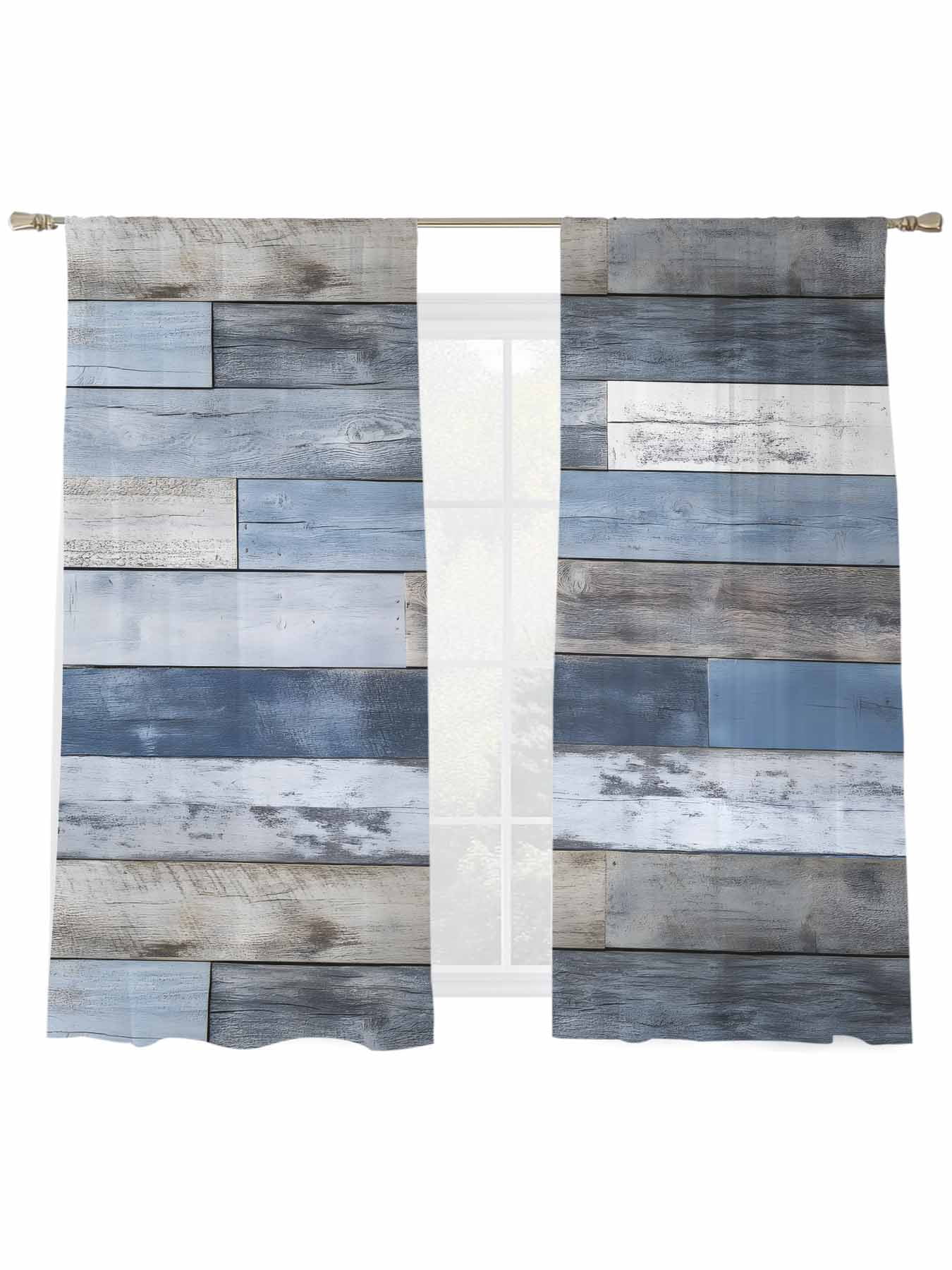 Sheer Curtains 63 inches Long 2 Panels Set Vintage Wood Grain Blue Gray ...