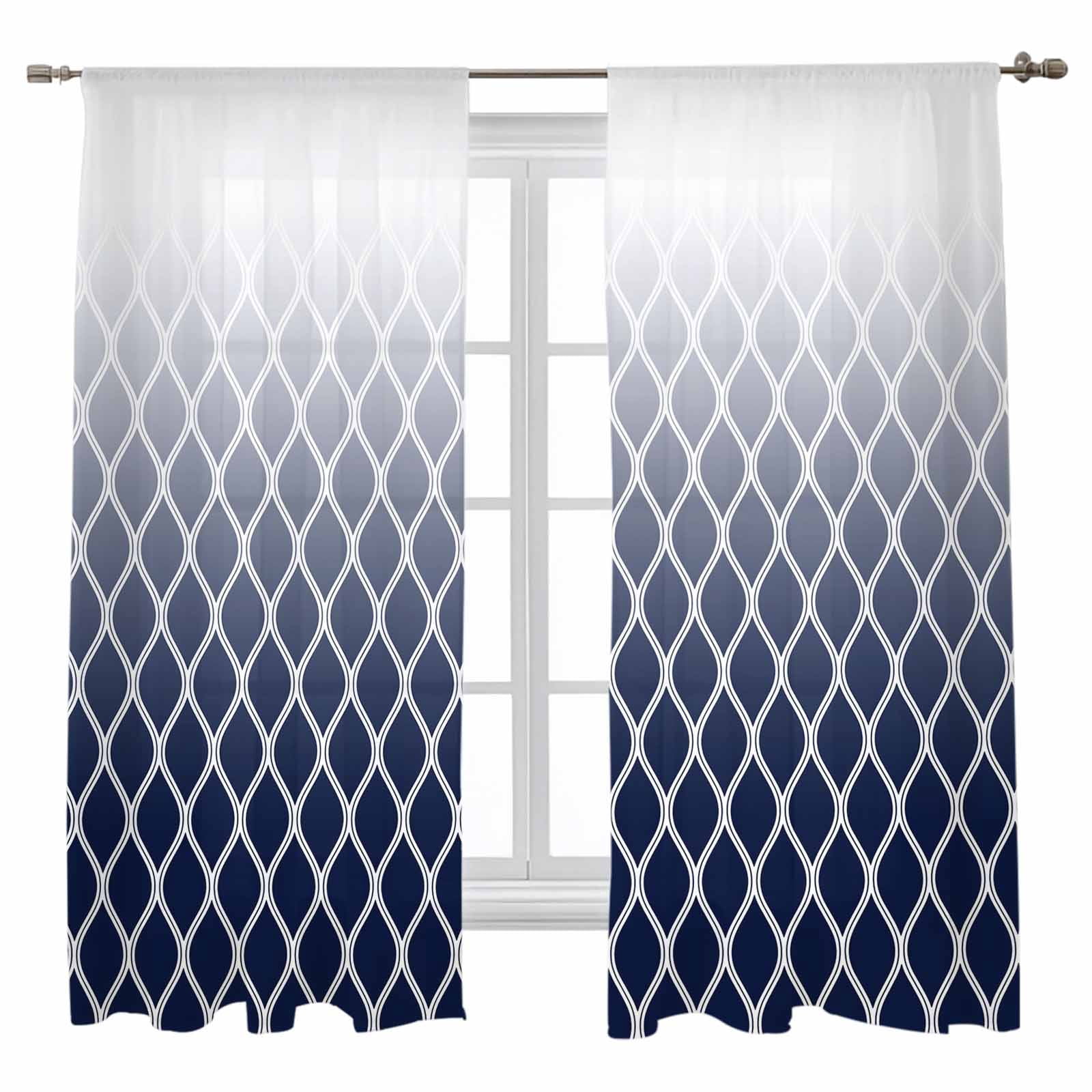 Sheer Curtains 63 inches Long, Abstract Art Classic Navy Blue Line ...