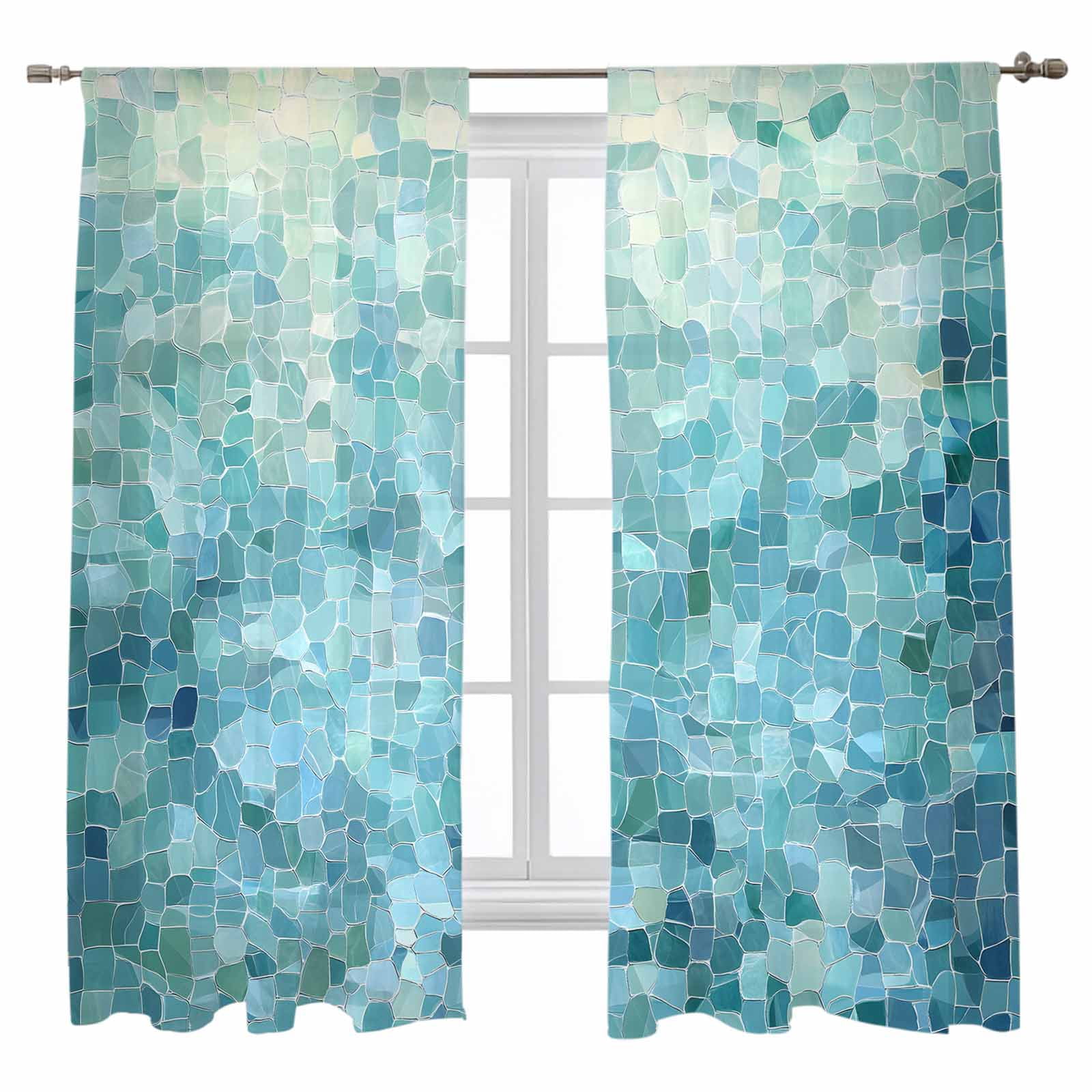 Sheer Curtains 63 inches Long, Abstract Cyan Gradient Glass Shard ...