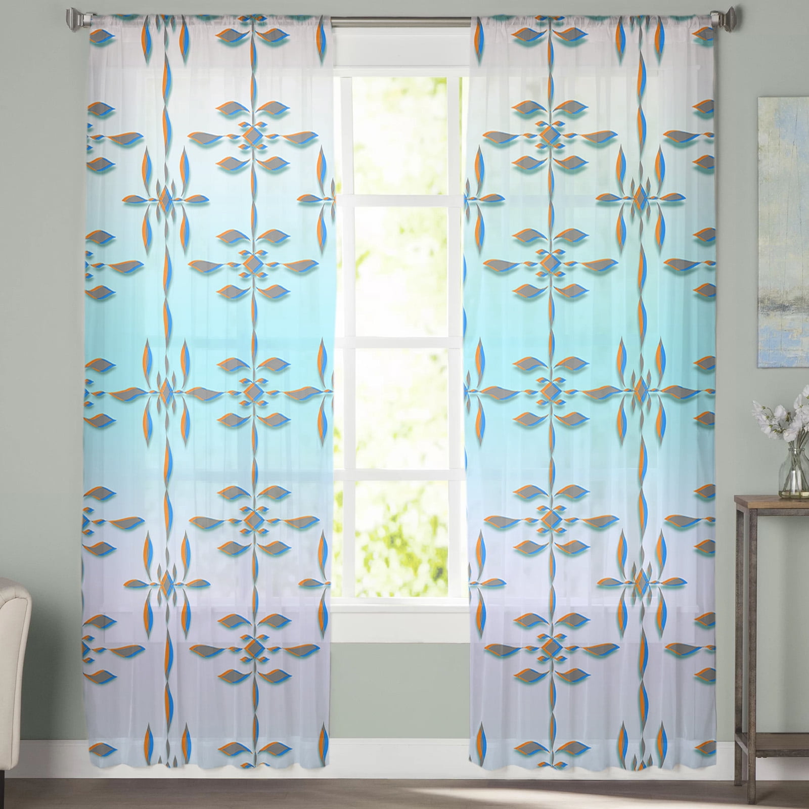 Sheer Curtains 63 inches Long, Abstract Leaves Rhombus on Pink Blue ...